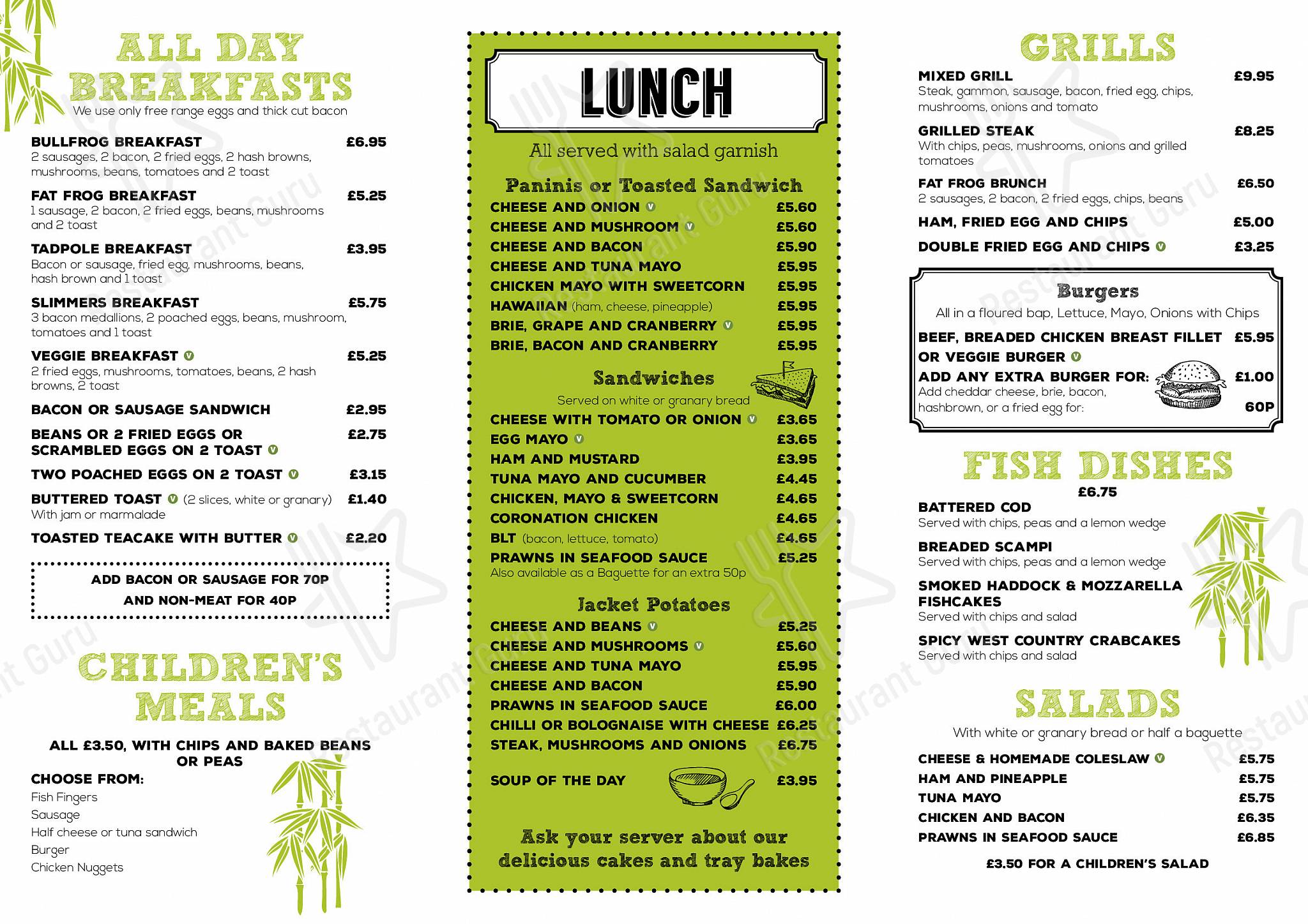 Menu at The Fat Frog cafe, Liskeard