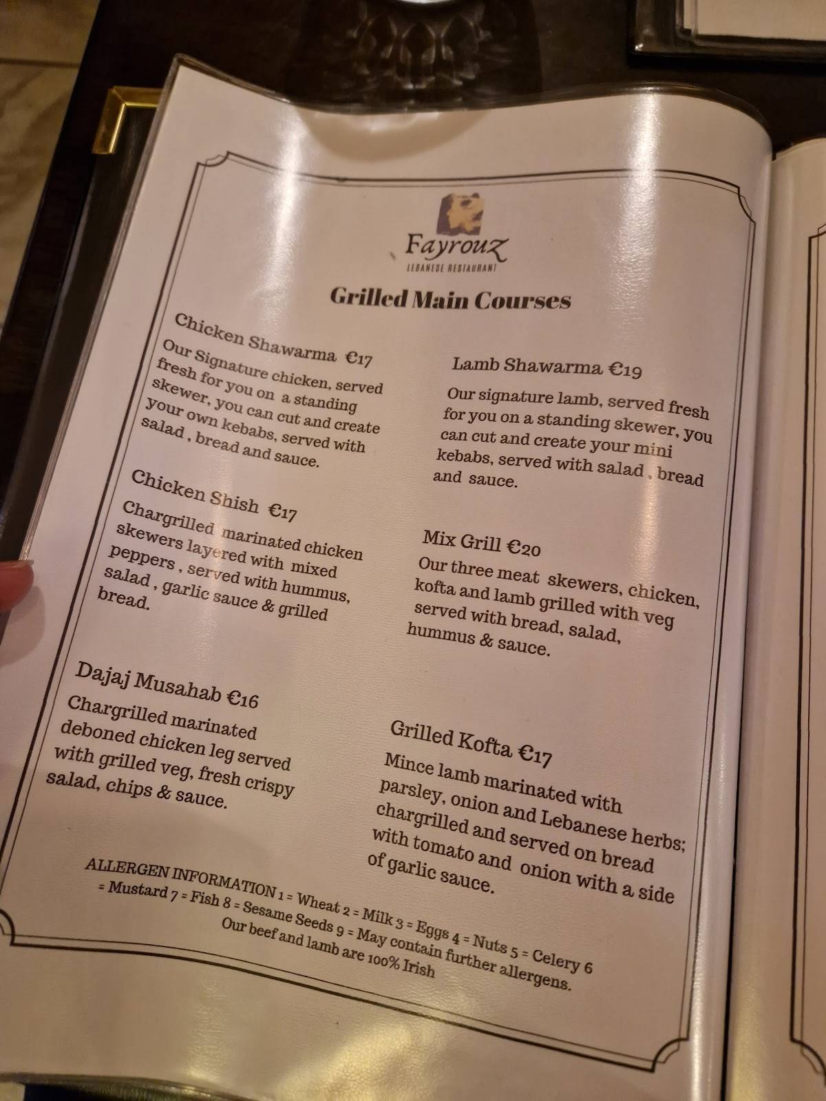 Menu at Fayrouz Lebanese Restaurant, Dublin