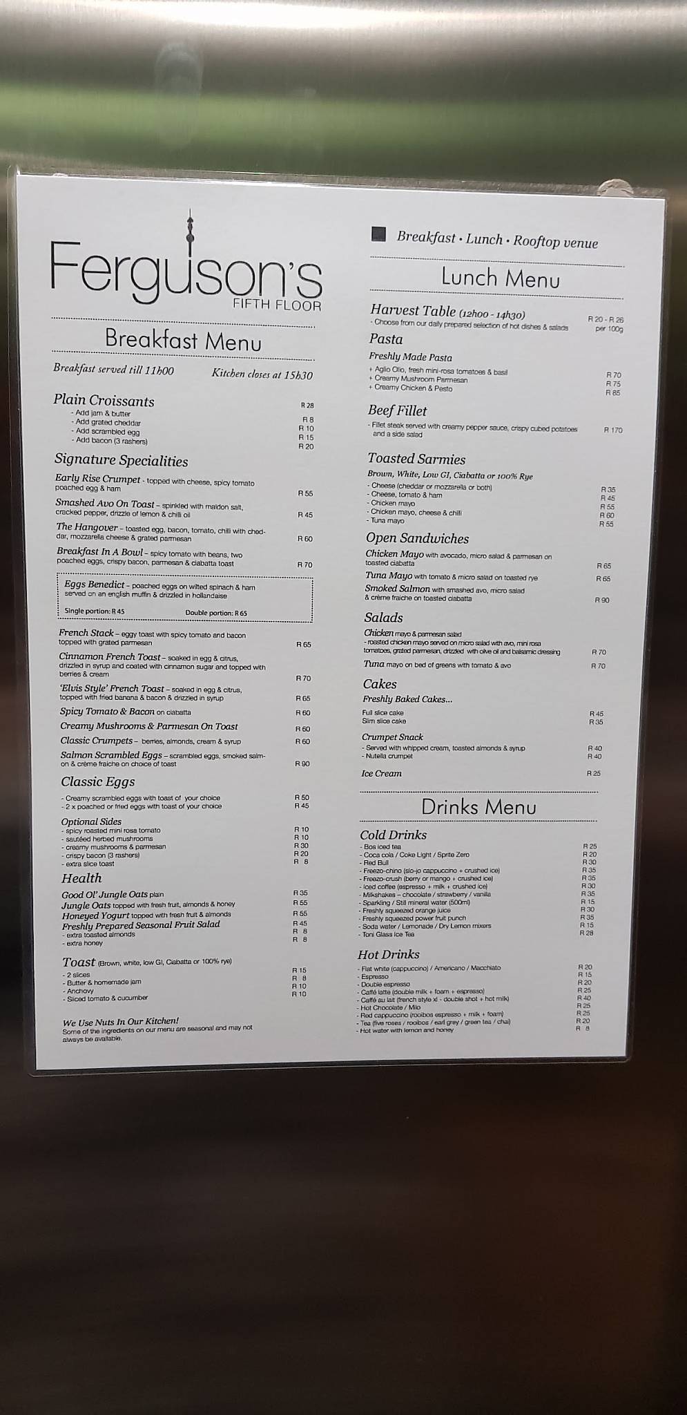 Menu at Ferguson's 5th Floor restaurant, Sandton