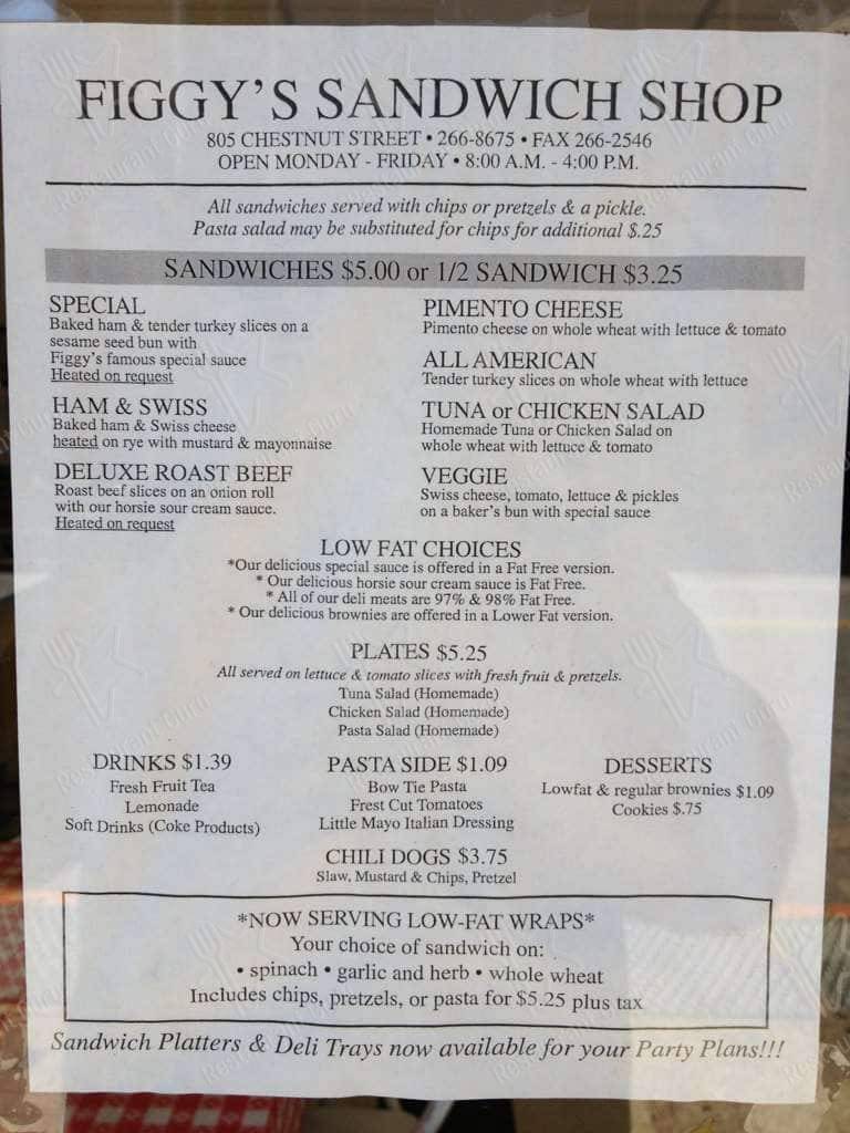 Menu at Figgy's Sandwich Shop restaurant, Chattanooga