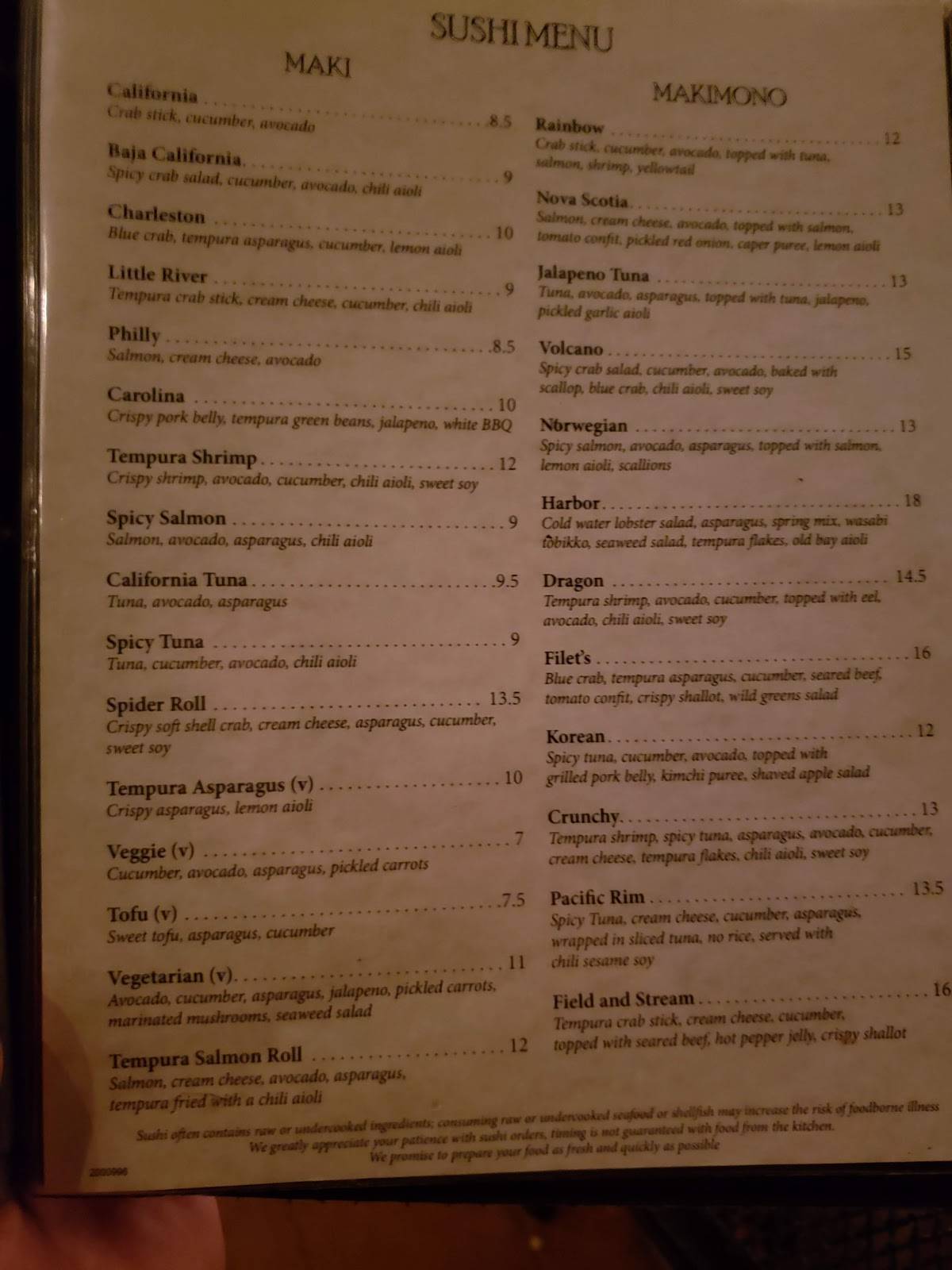 Menu at Filet's Waterfront restaurant, North Myrtle Beach