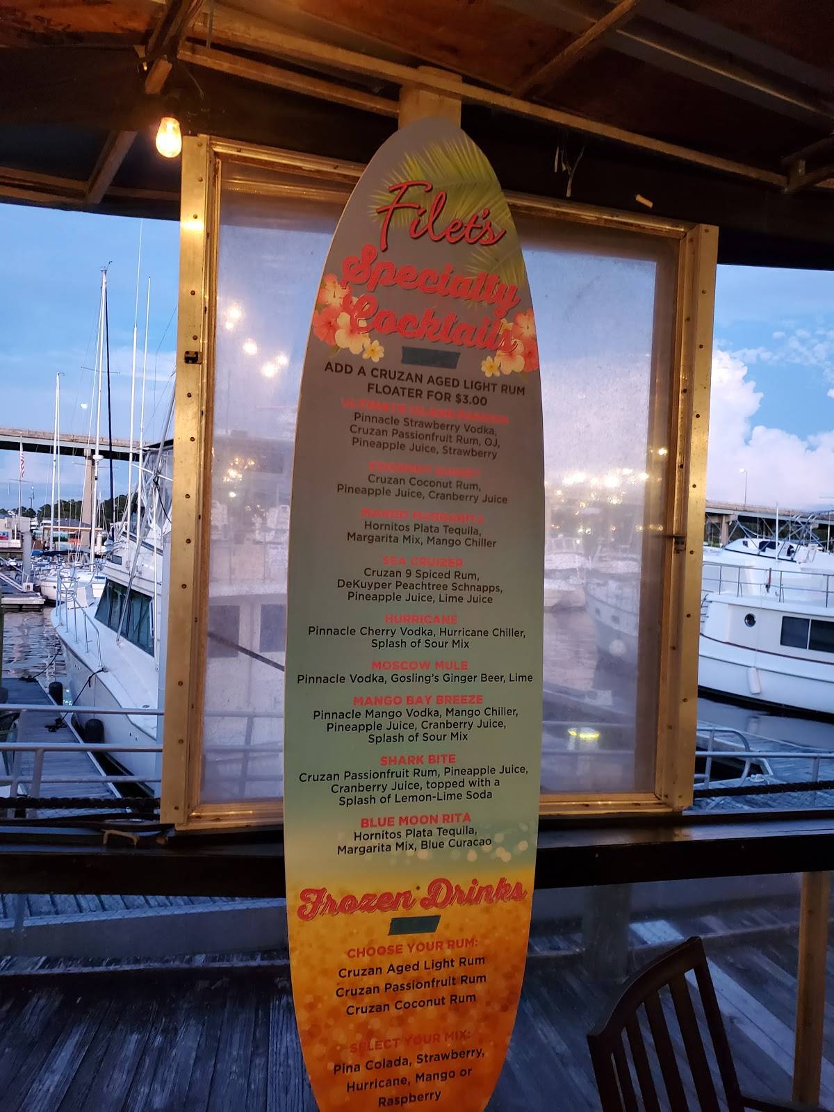 Menu at Filet's Waterfront restaurant, North Myrtle Beach