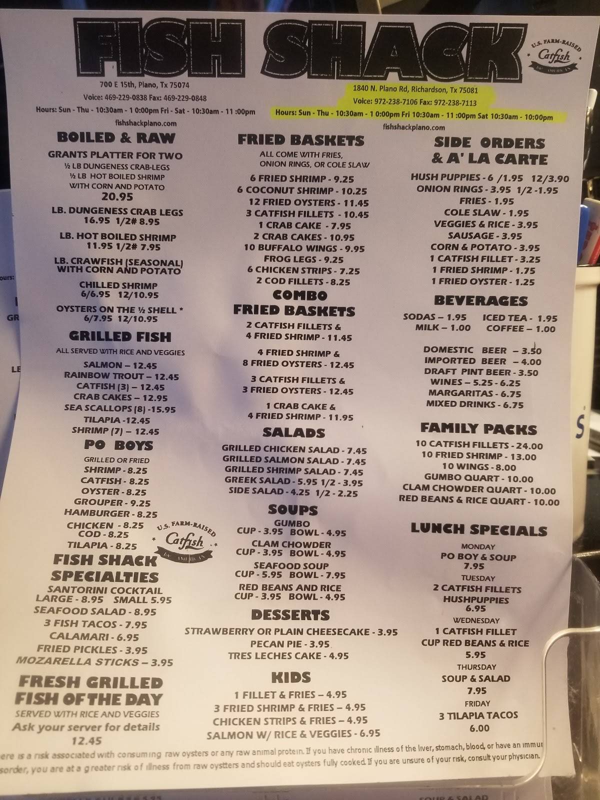 Menu at Fish Shack restaurant, Richardson