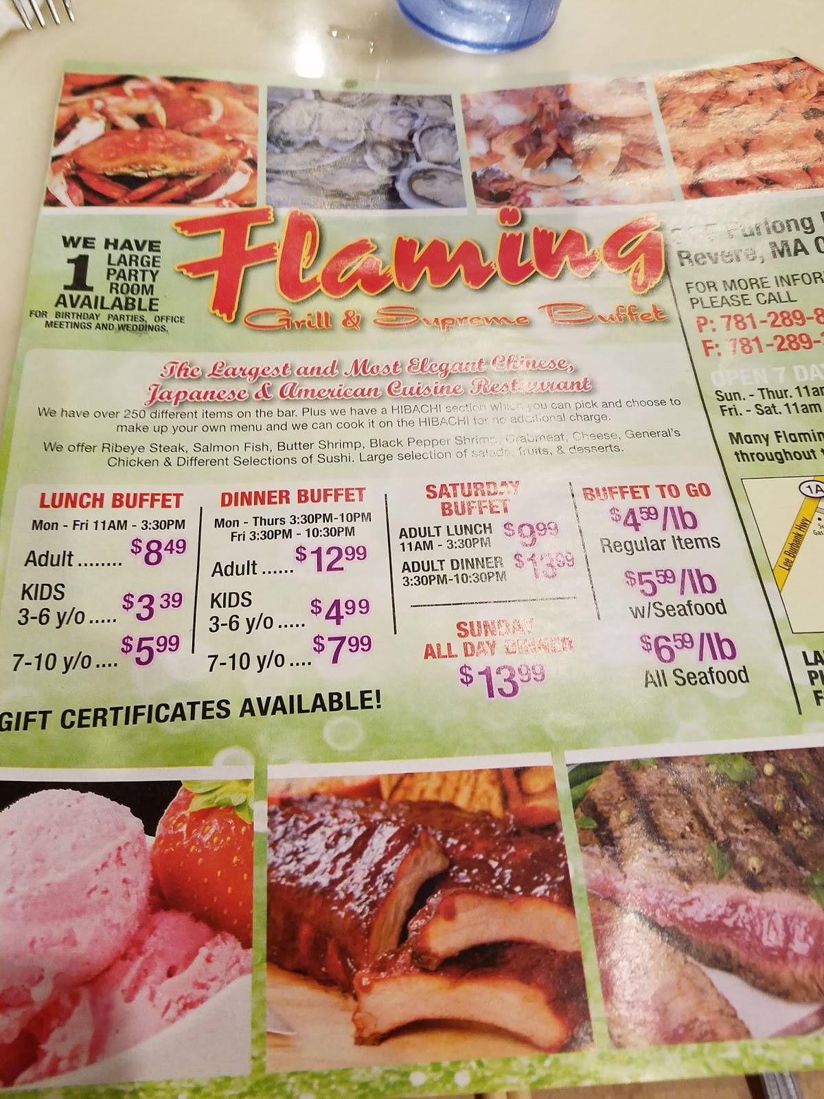 Menu at Flaming Grill and Buffet restaurant, Revere, 31 Furlong Dr F