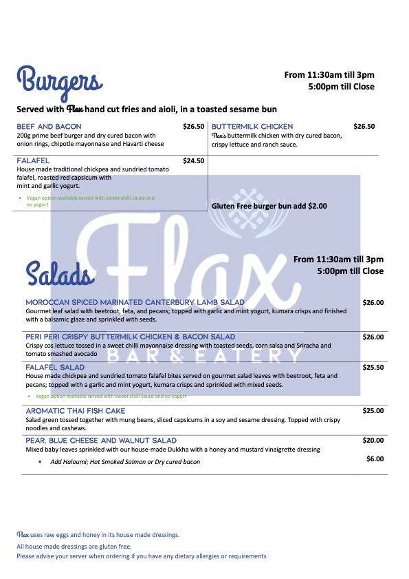 Menu at Flax Bar & Eatery, Christchurch