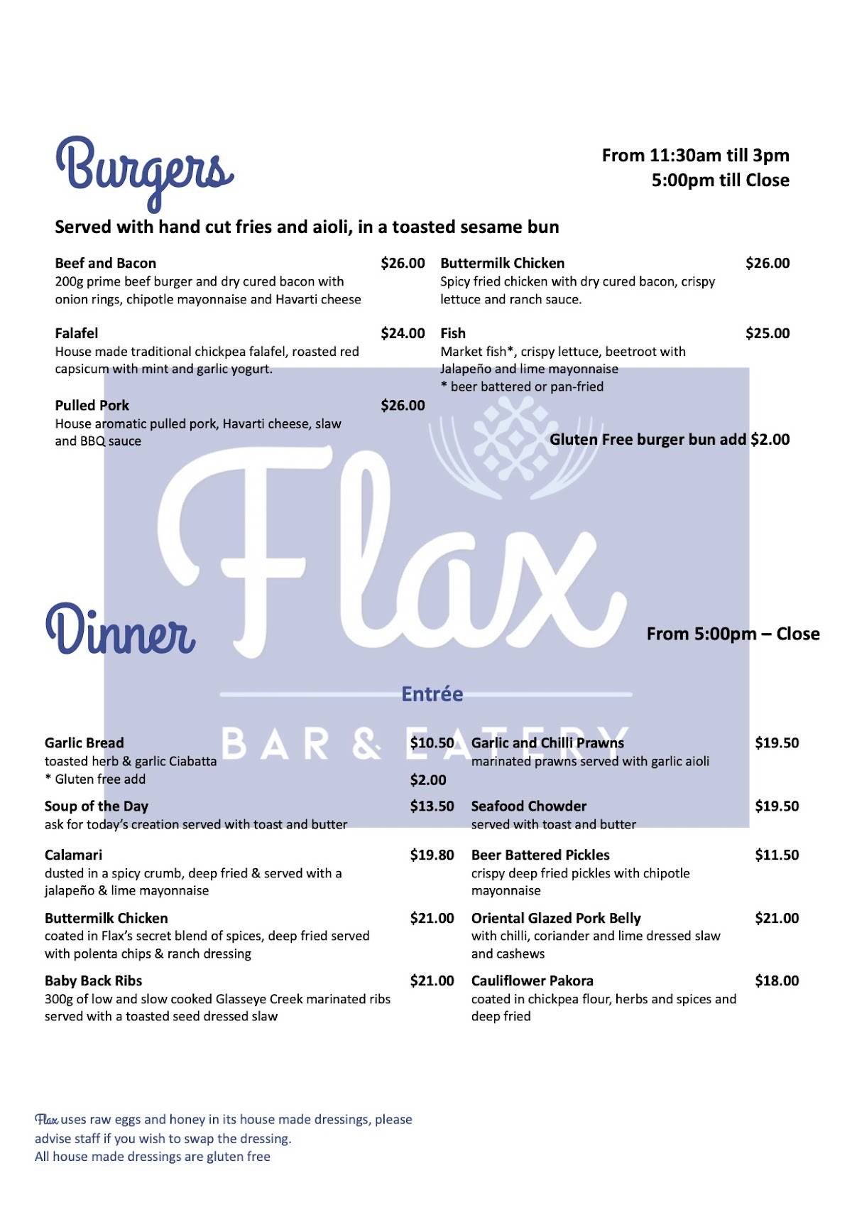 Menu at Flax Bar & Eatery, Christchurch