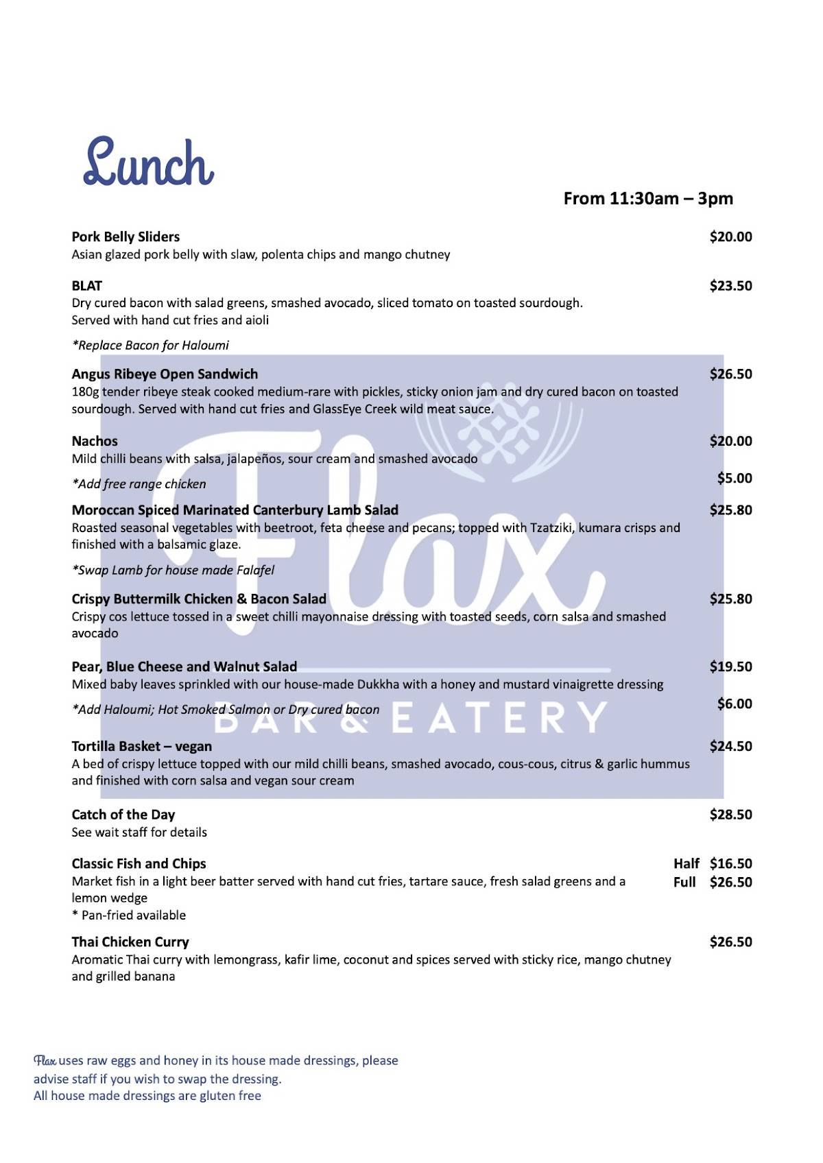 Menu at Flax Bar & Eatery, Christchurch