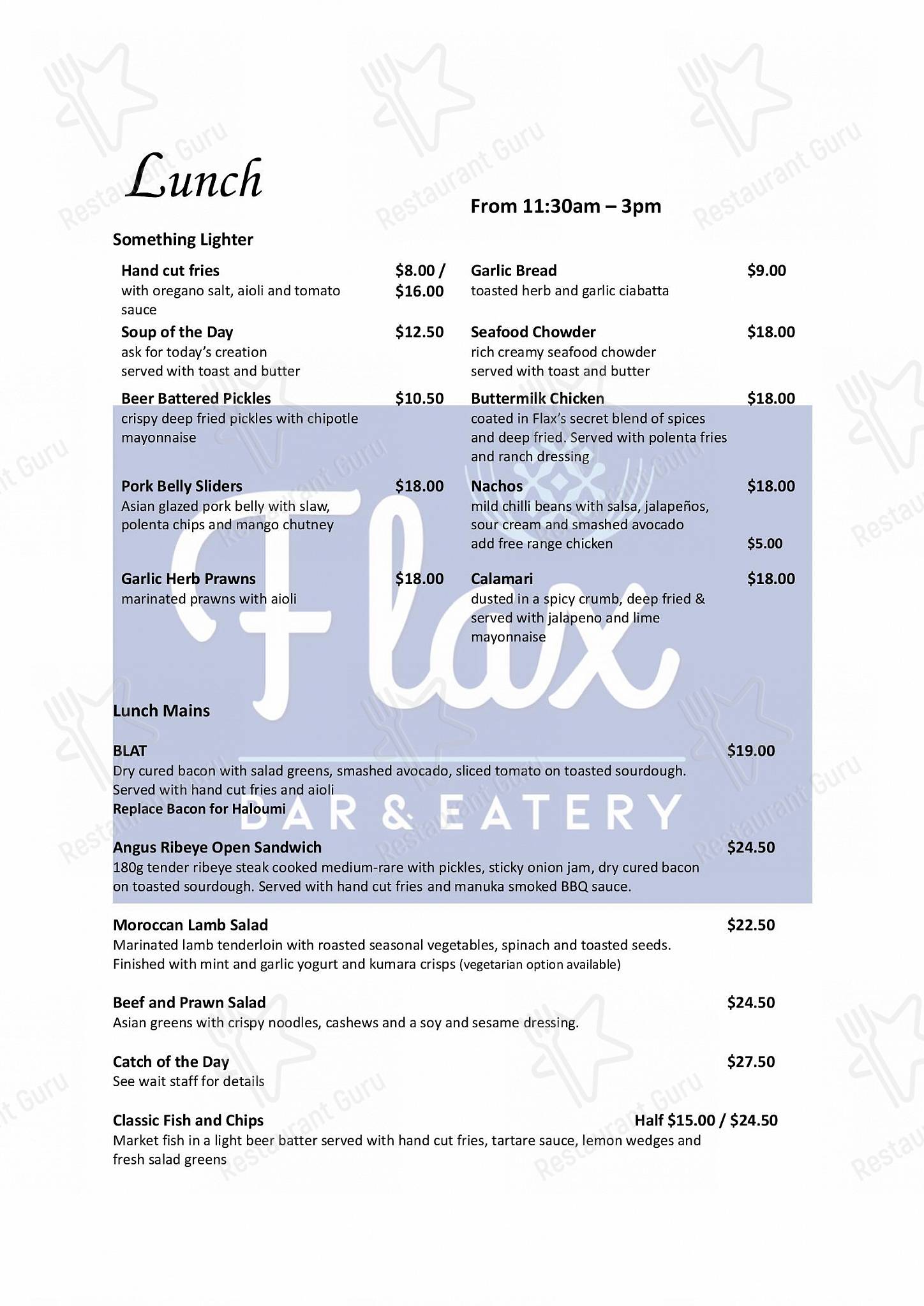 Menu at Flax Bar & Eatery, Christchurch