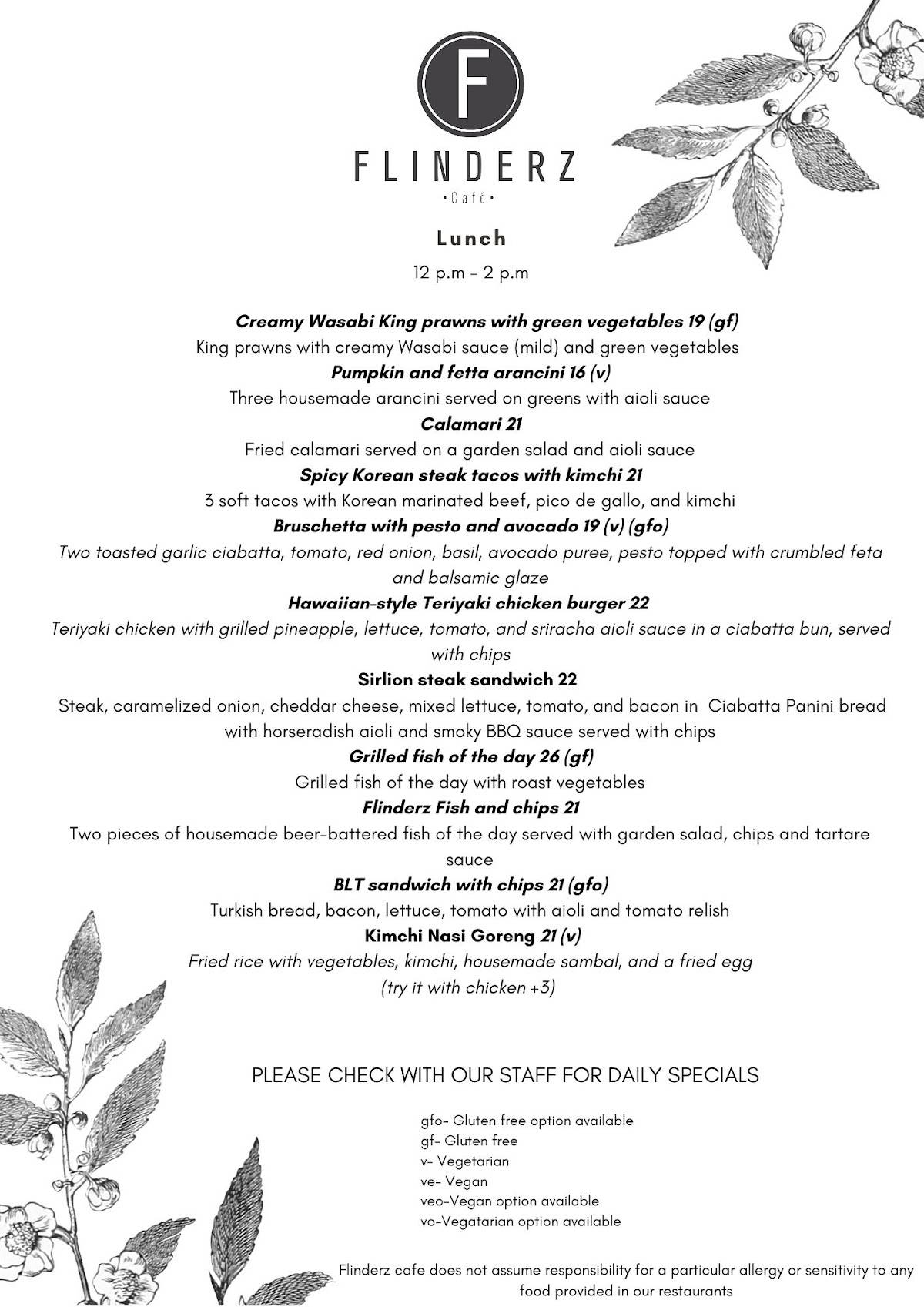 Menu at Flinderz Cafe & Restaurant, Hillarys