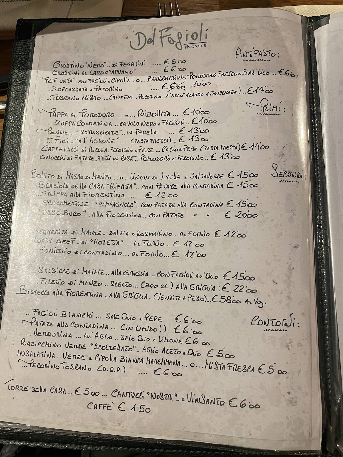 Menu at Ristorante del Fagioli, Florence, Corso dei Tintori