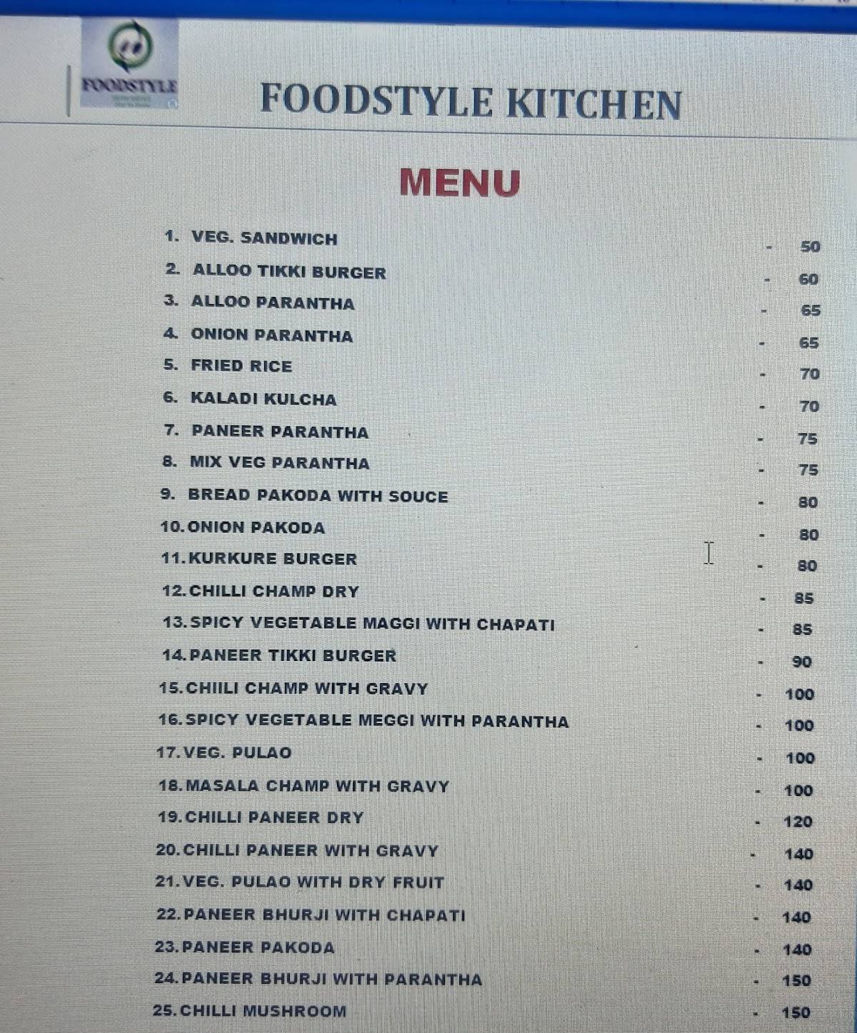 Menu at FoodStyle, Jammu
