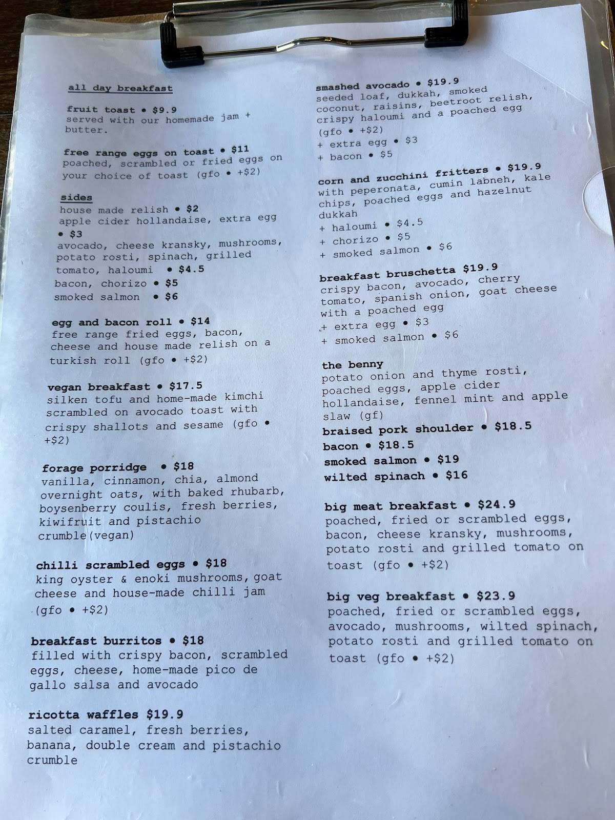 Menu at Forage Food Store cafe, Boronia