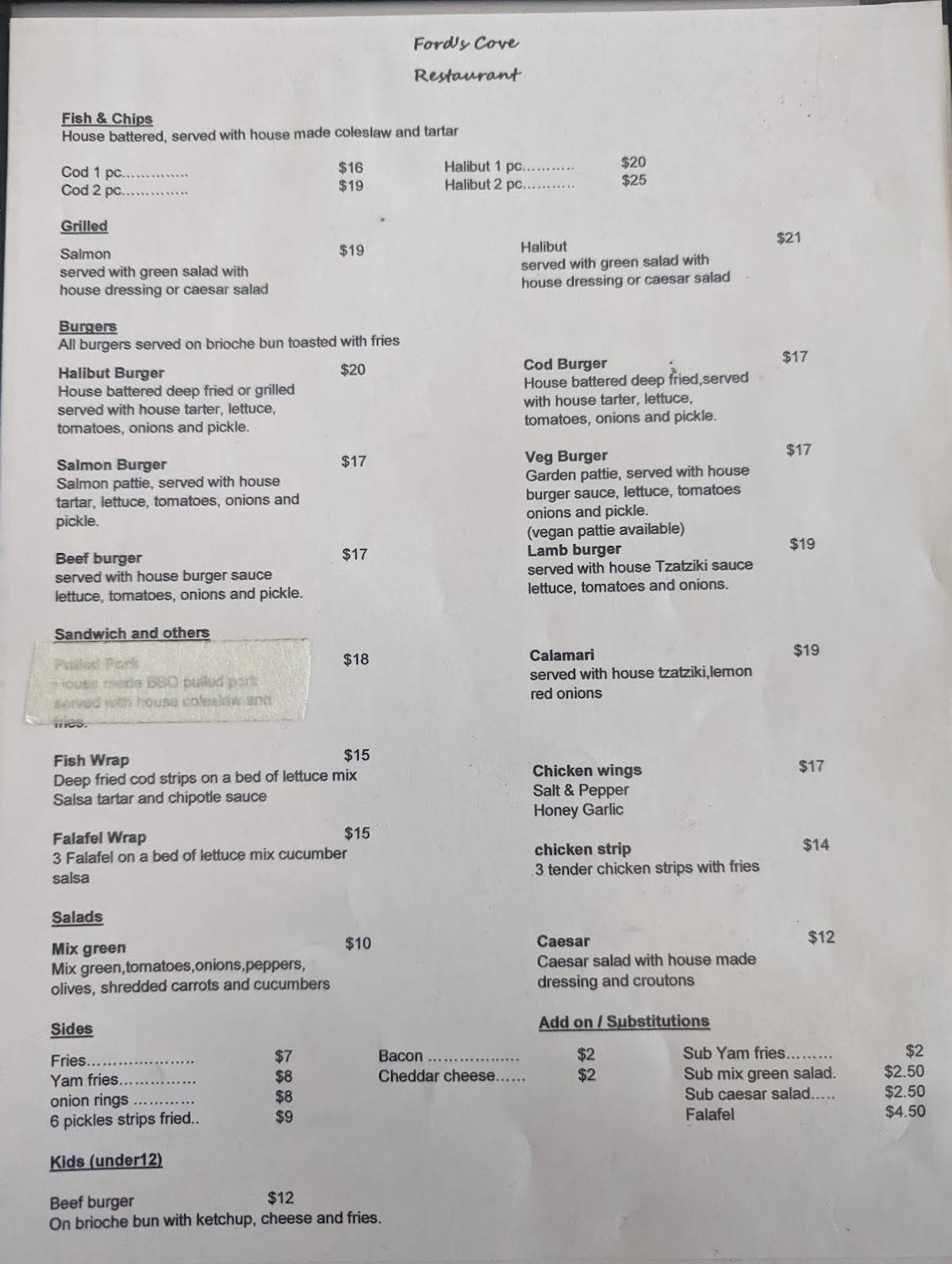 Menu at Ford's Cove Restaurant, Hornby Island