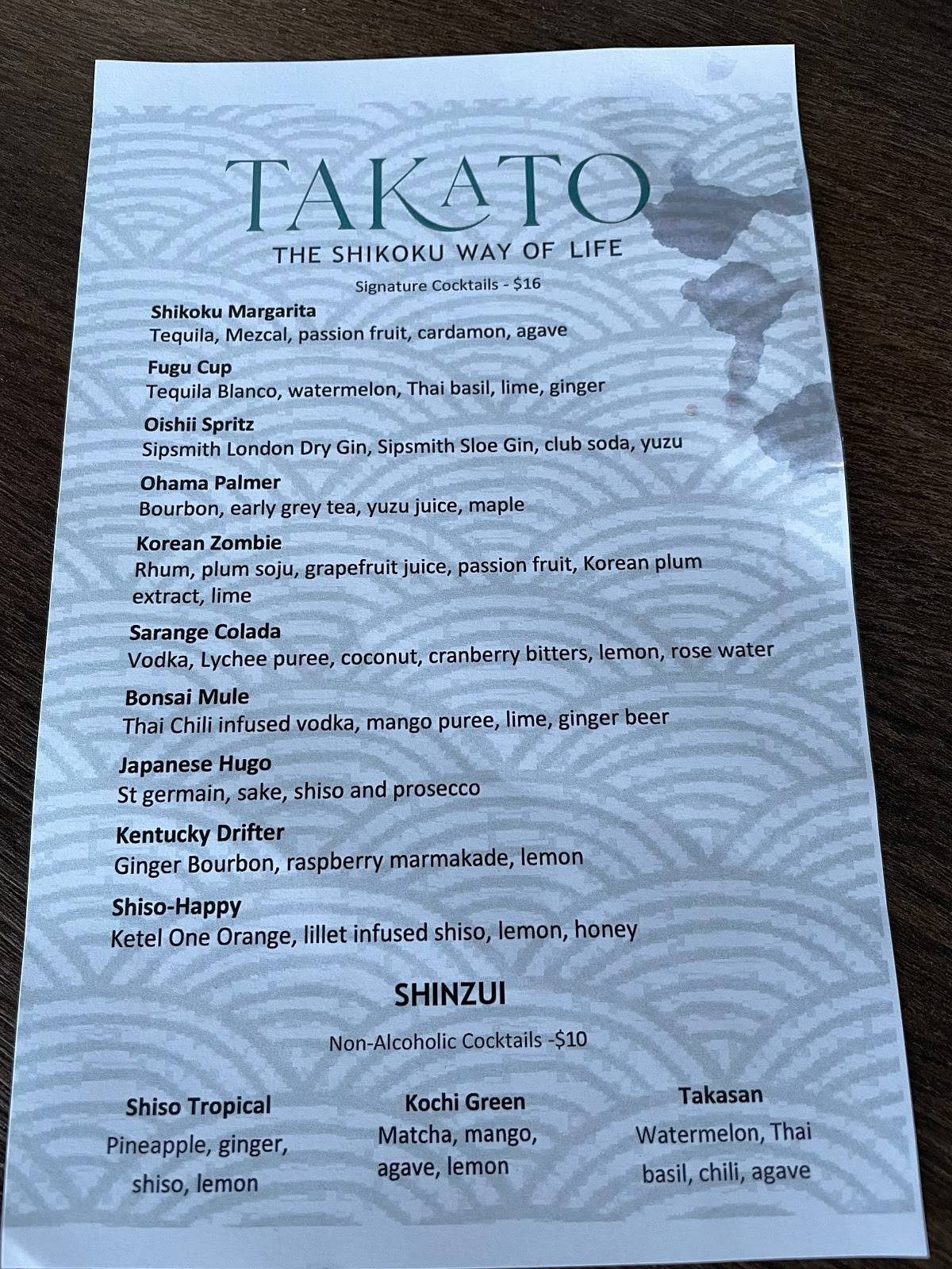 Menu at TAKATO restaurant, Fort Lauderdale