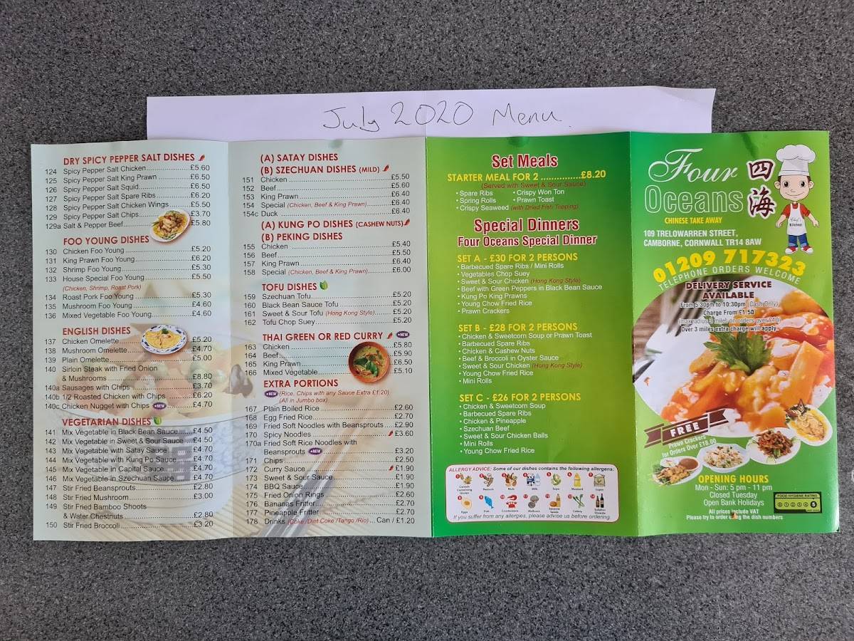 Menu at Four Oceans to TSE house restaurant, Camborne