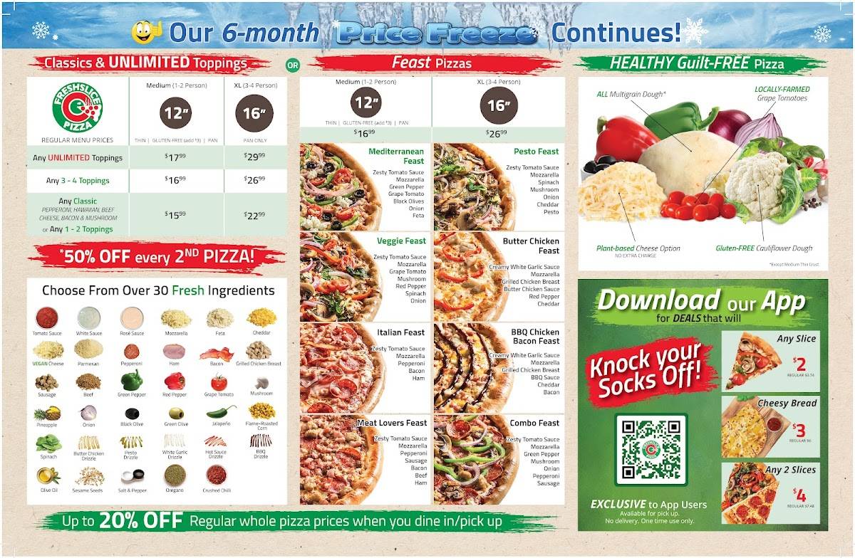 Carta de pizzería Freshslice Pizza, Vancouver, Robson St