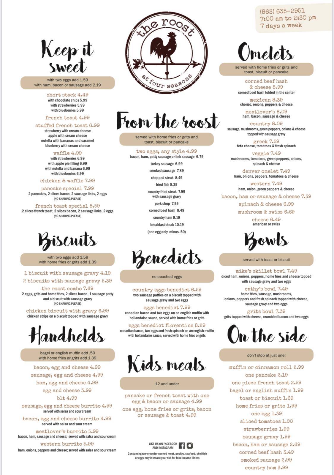 Menu at The Roost at Four Seasons restaurant, Frostproof, US Hwy 27