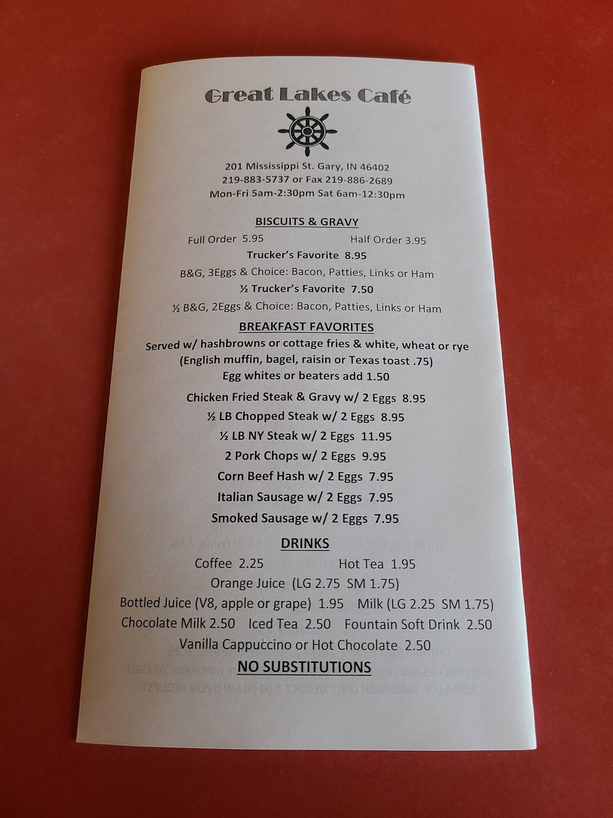 Menu at Great Lakes Cafe, Gary