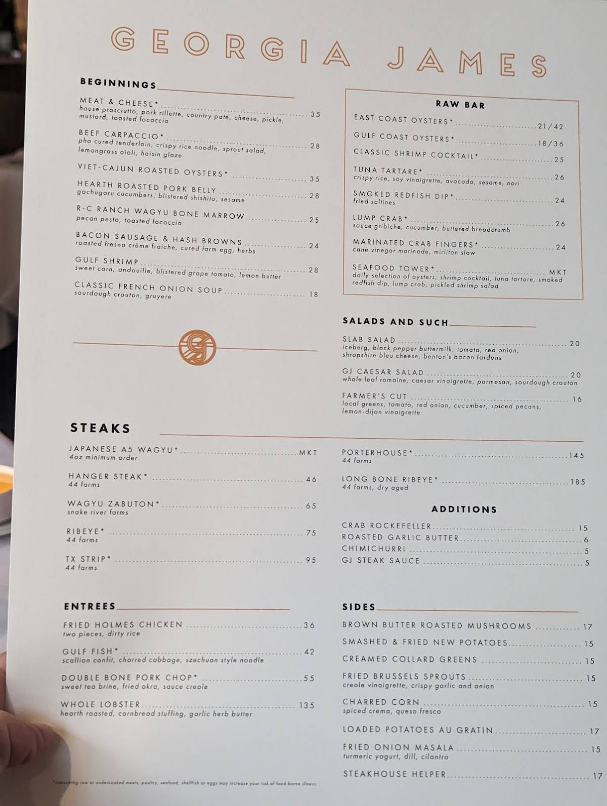 Menu at Georgia James Steak steakhouse, Houston