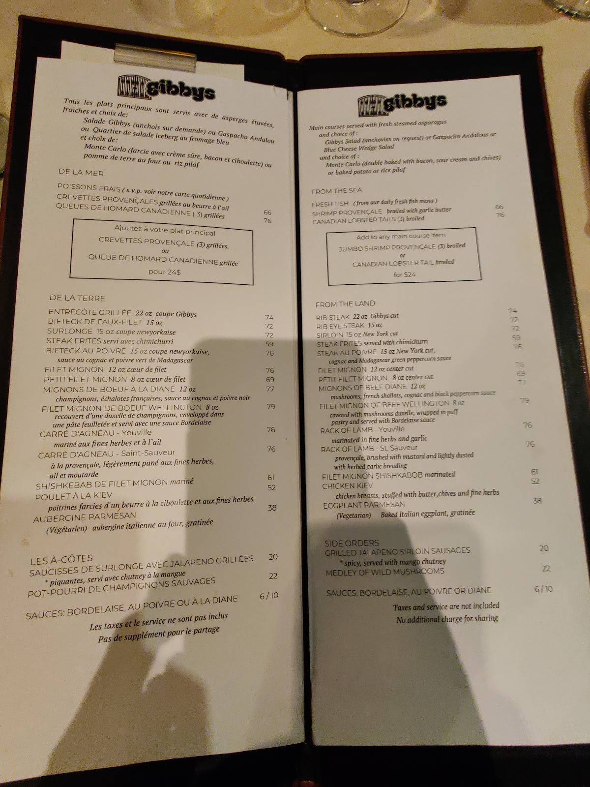 Menu at Gibbys steakhouse, Montréal