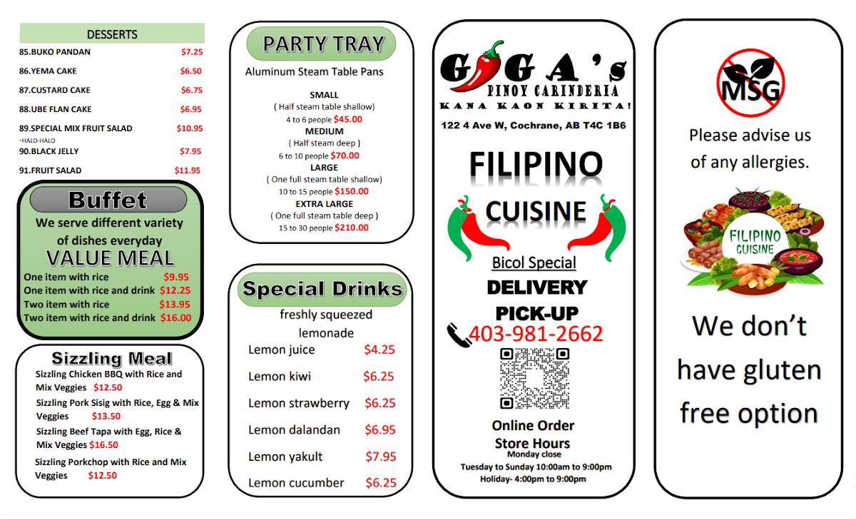 Menu au Giga's Pinoy Carinderia restaurant, Cochrane