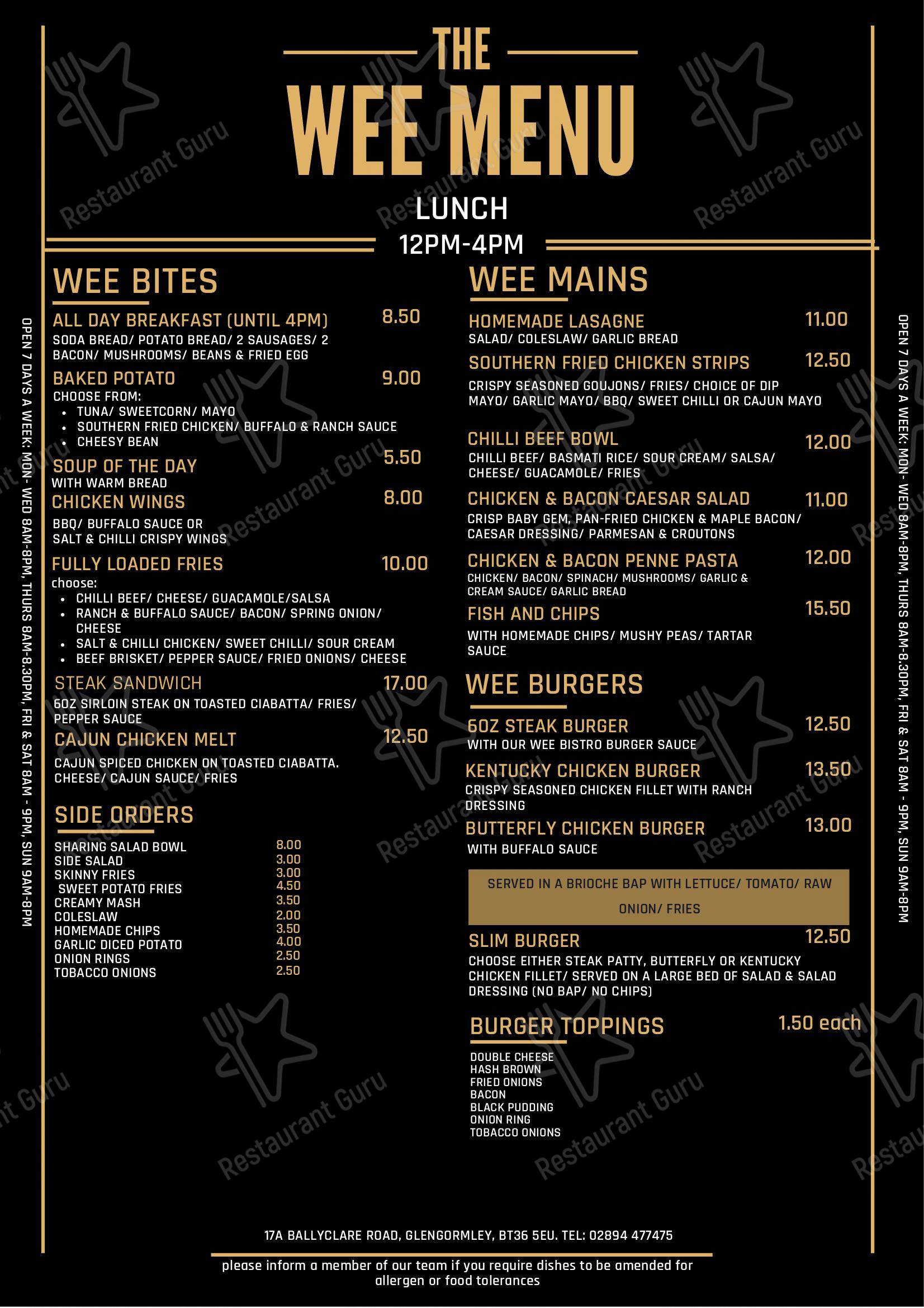 Menu at The Wee Bistro restaurant, Glengormley