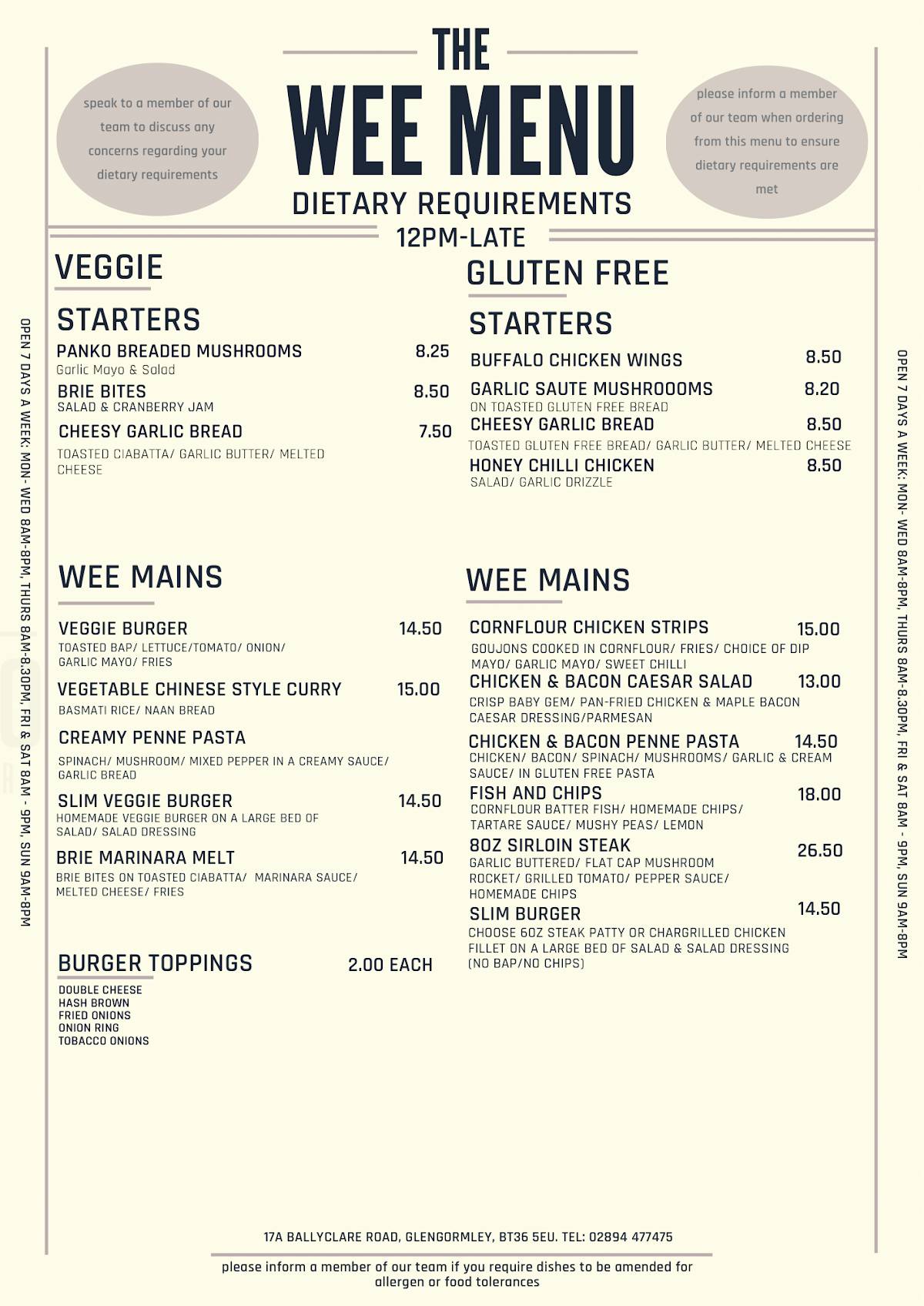 Menu at The Wee Bistro restaurant, Glengormley