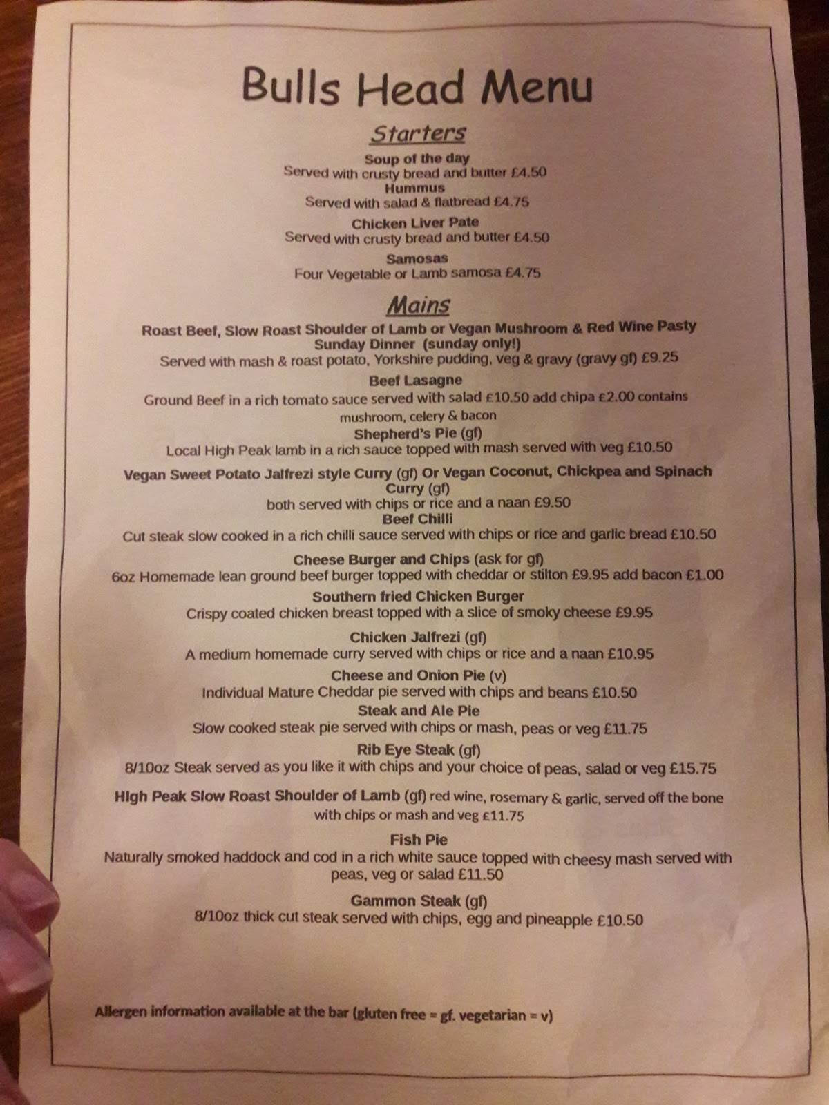 Menu at Bull's Head pub & bar, Glossop
