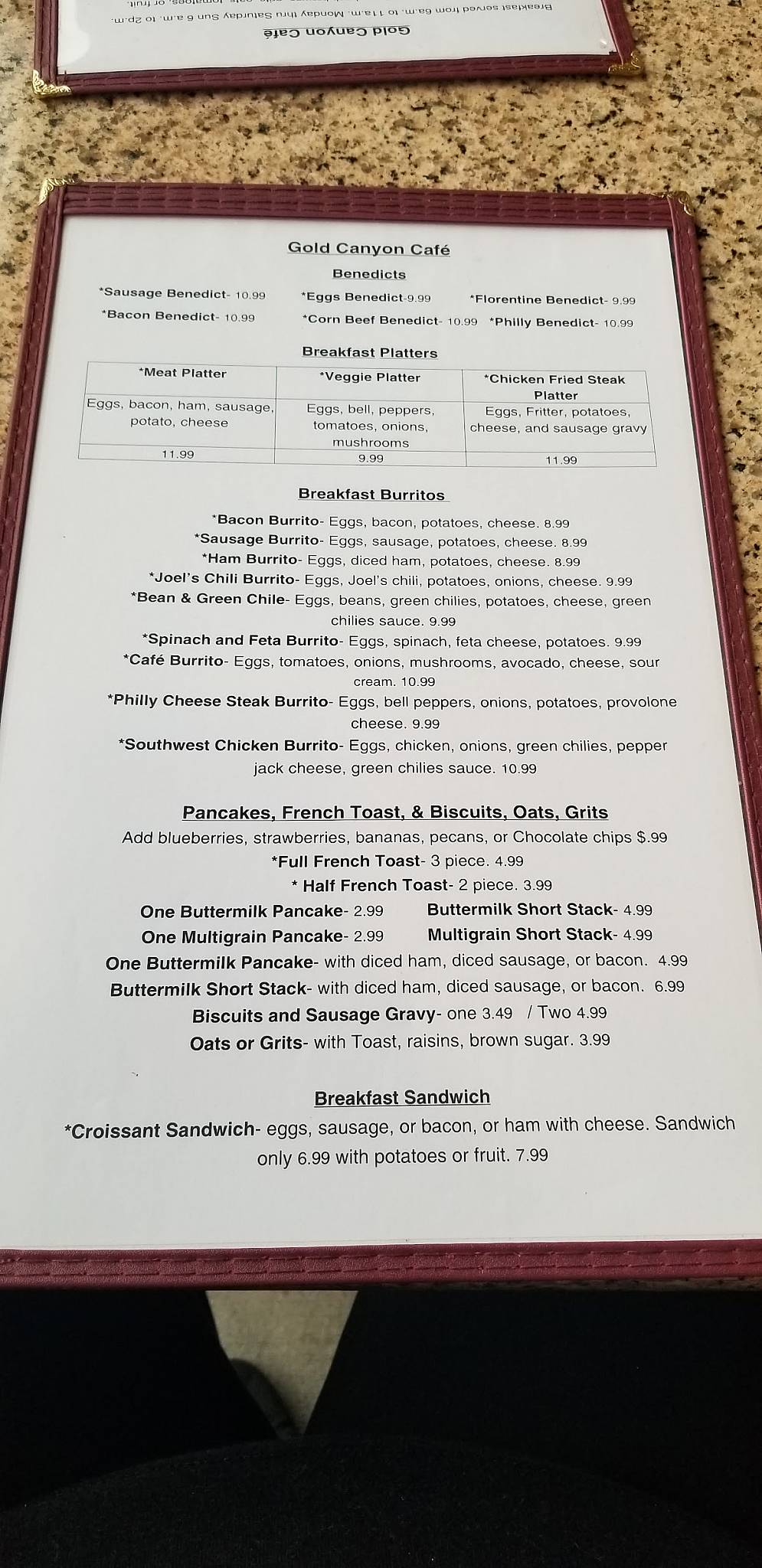 Menu at Gold Canyon Cafe, Gold Canyon, US-60 #107