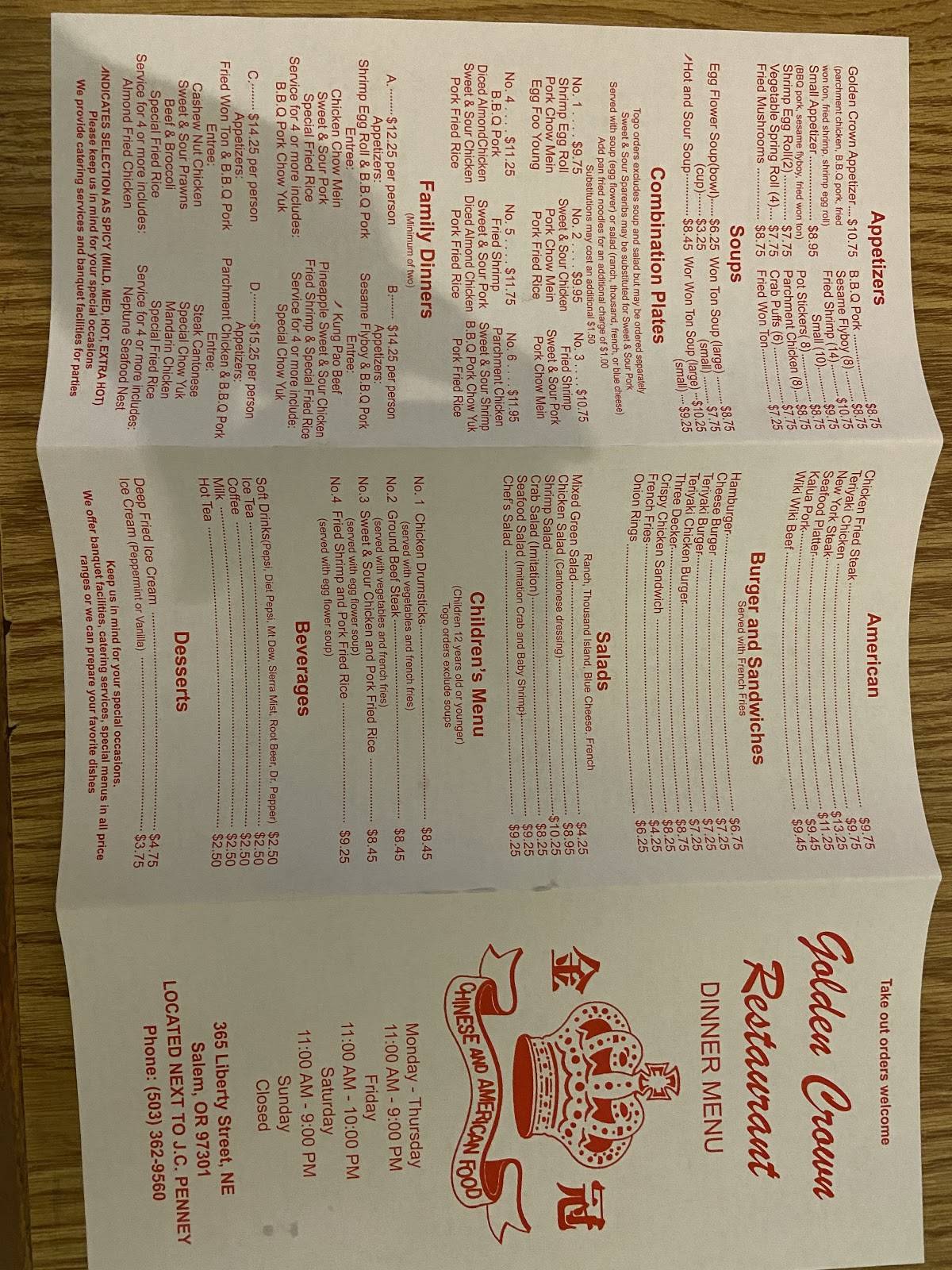 Menu at Golden Crown Restaurant, Salem