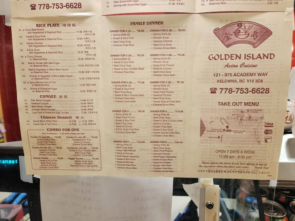 Menu at Golden Island Asian Cuisine restaurant, Kelowna