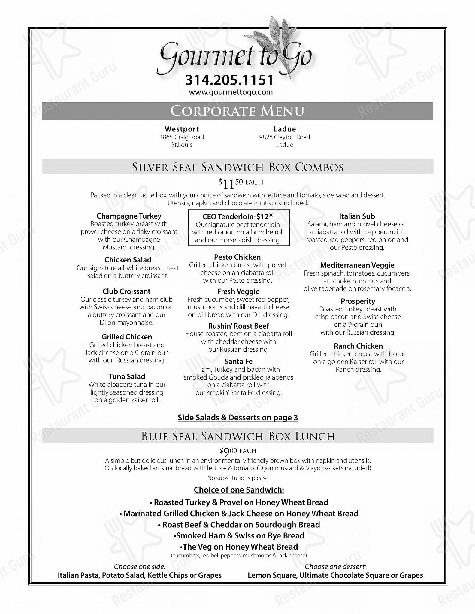 Menu at Gourmet to Go restaurant, Ladue, Clayton Rd
