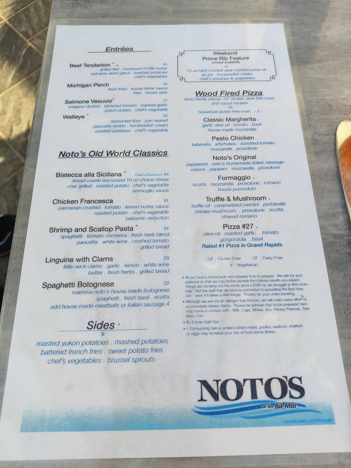 Menu at Noto's at the Bil-Mar pub & bar, Grand Haven