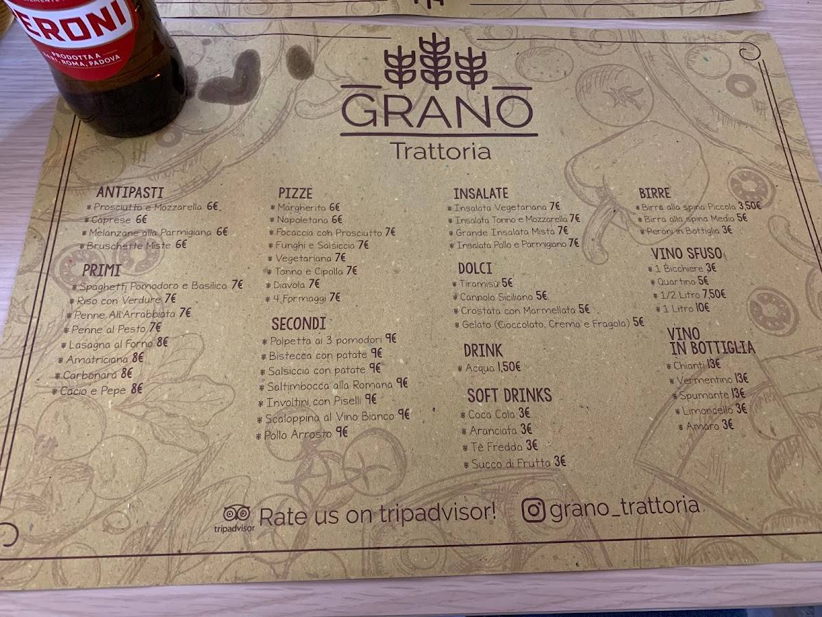 Speisekarte von Grano Trattoria restaurant, ROM