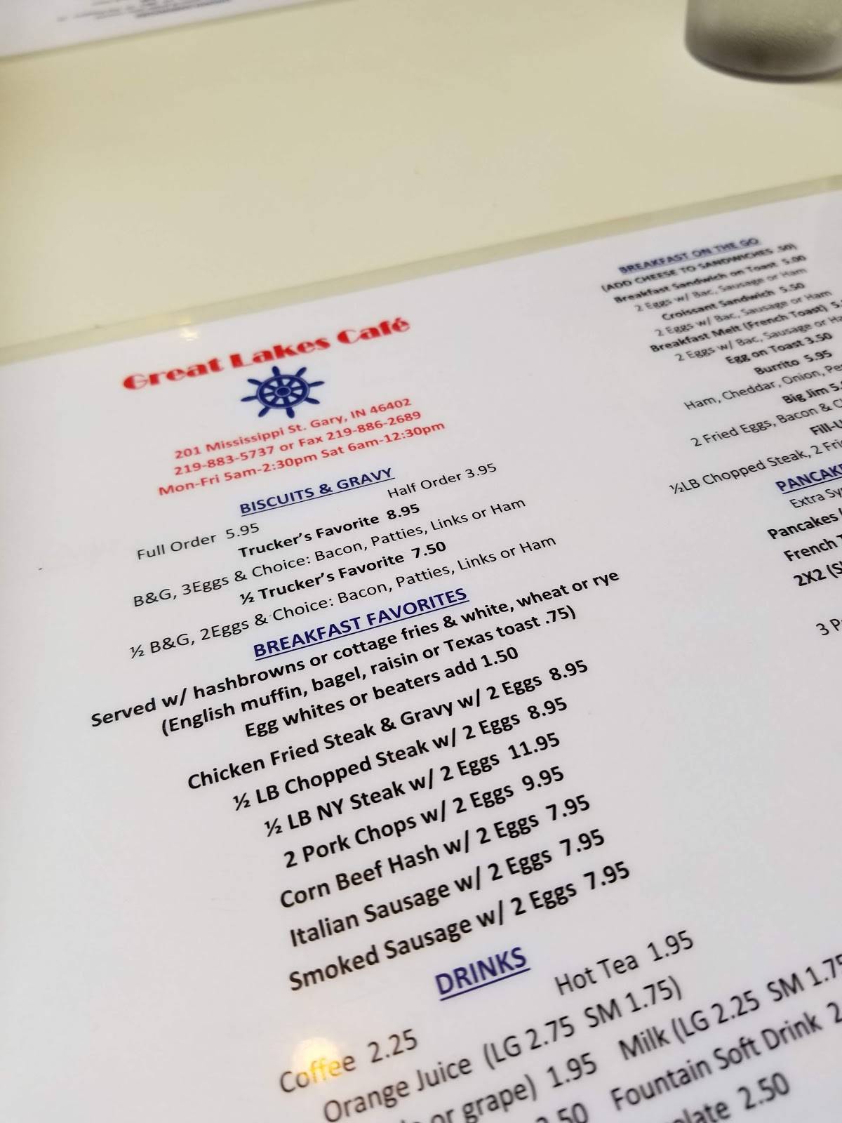 Menu at Great Lakes Cafe, Gary