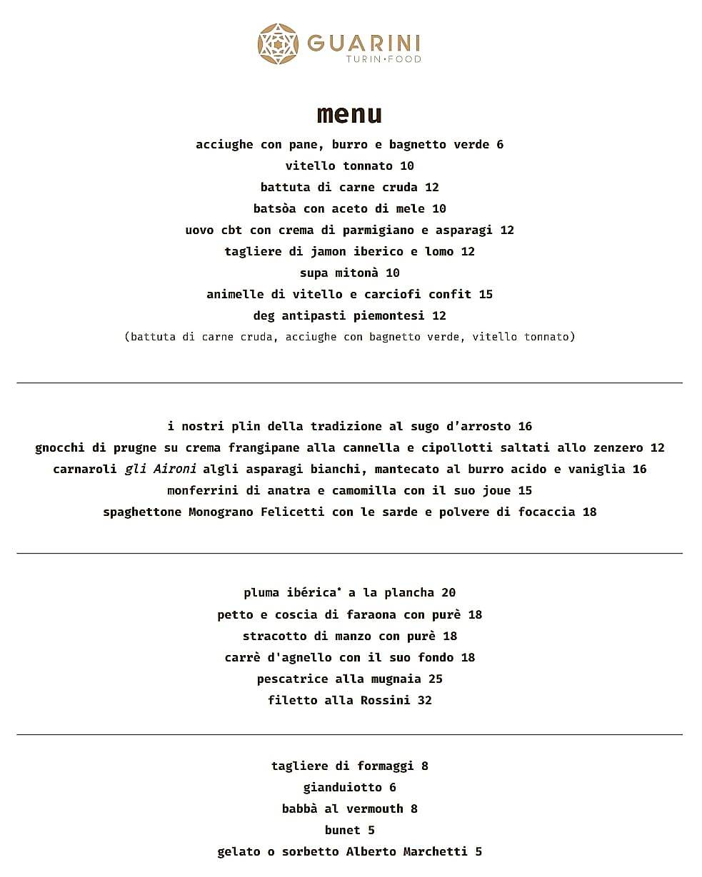 Menu da Guarini ristorante, Torino