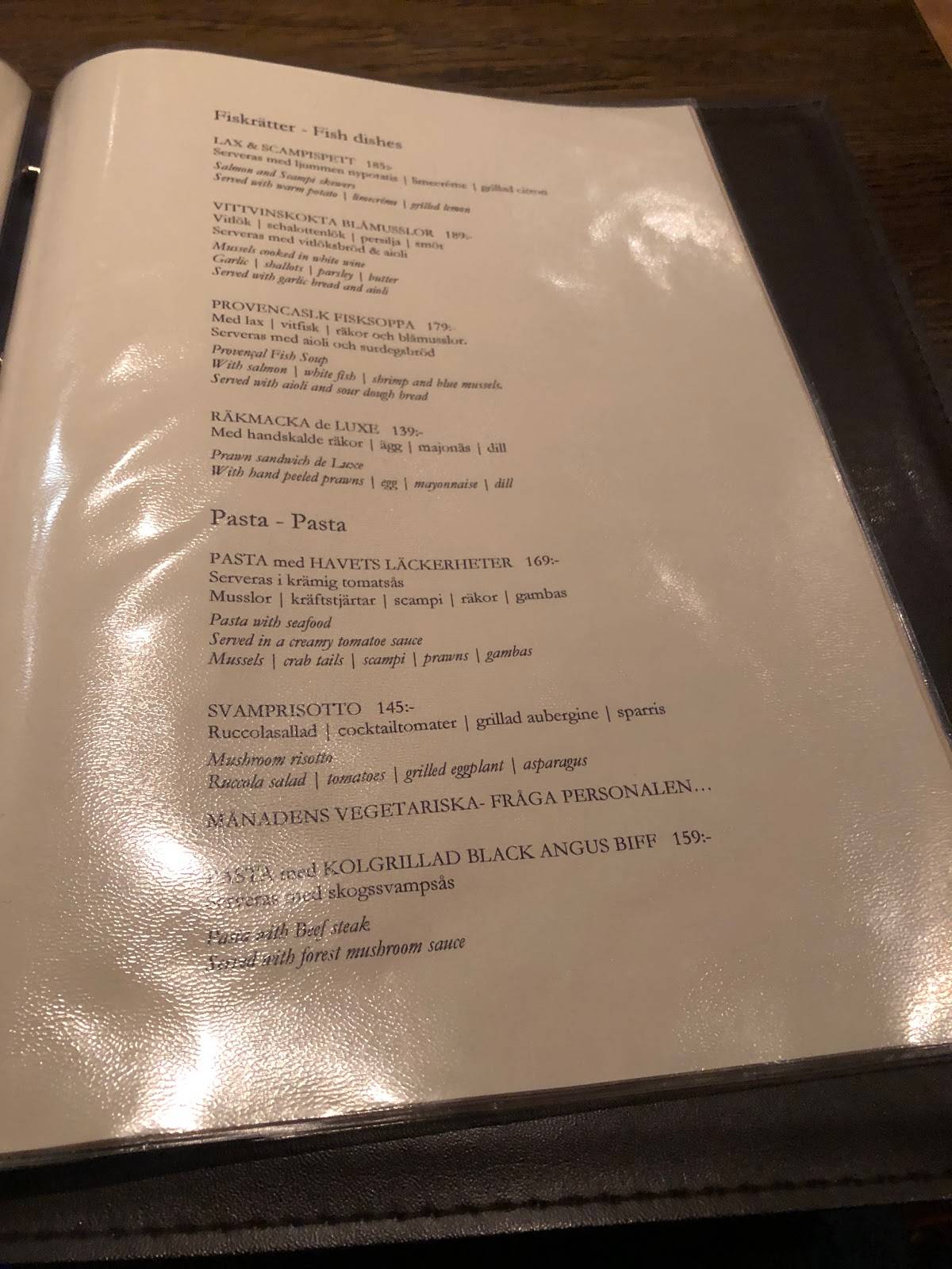 Menu at Gustav Adolf cafe, Malmö