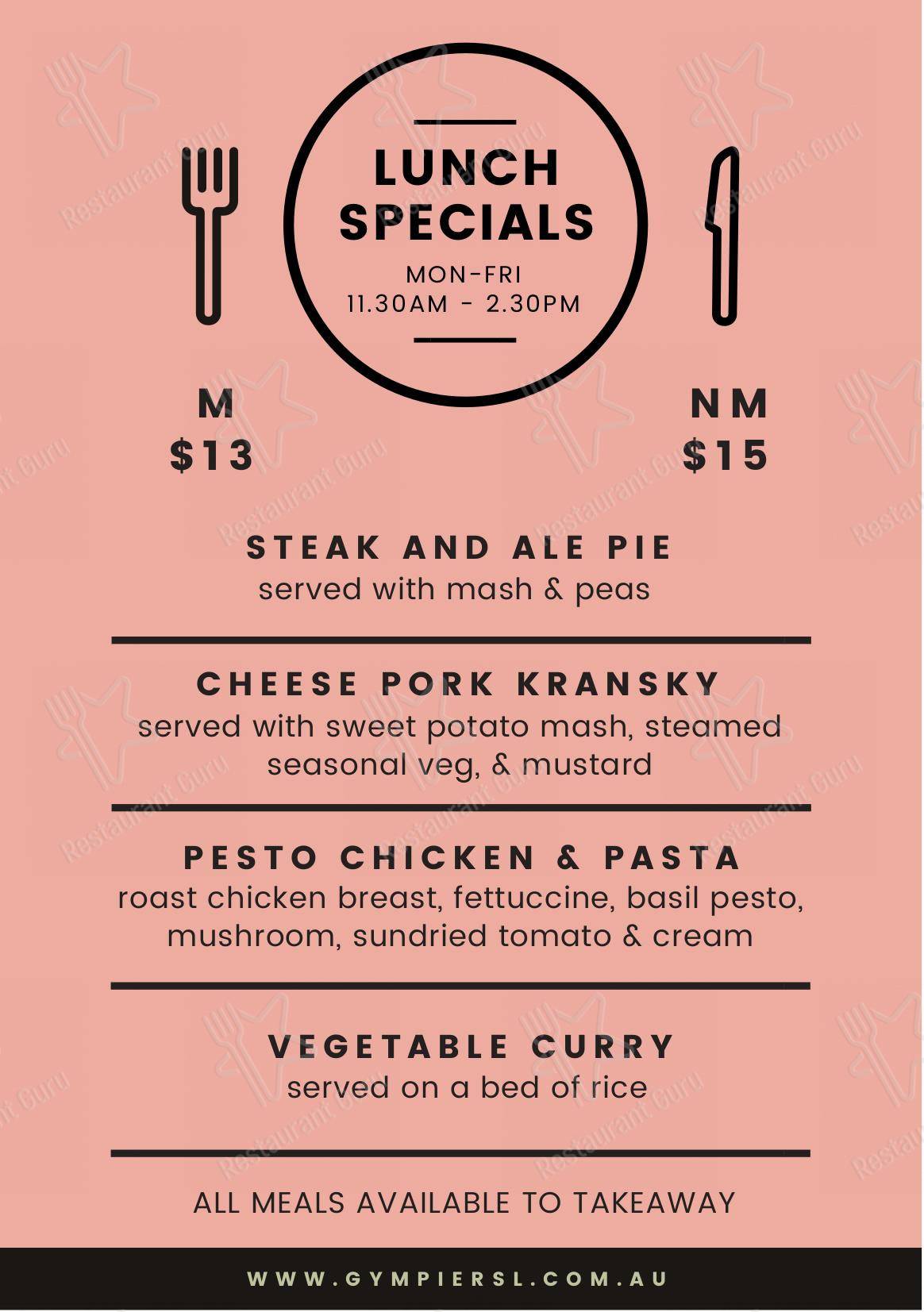Menu at Gympie RSL Club, Gympie
