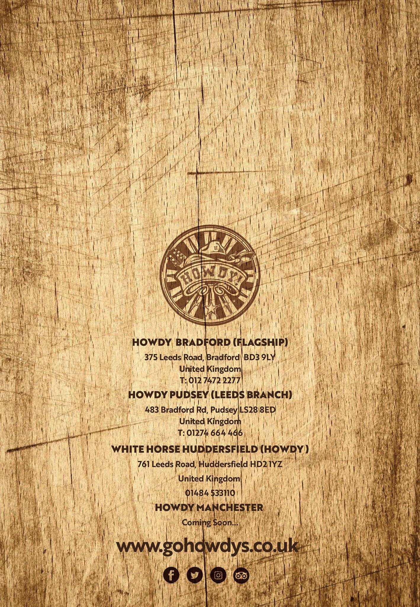 Menu at Howdy! Pudsey restaurant, Pudsey, 483 Bradford Rd