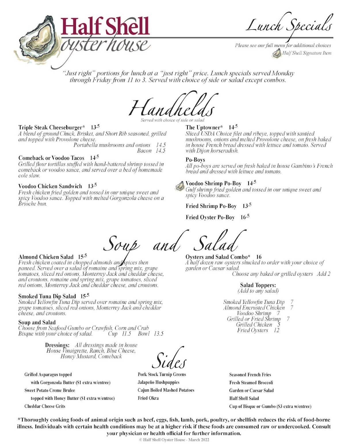 Menu at Half Shell Oyster House Trussville restaurant, Trussville
