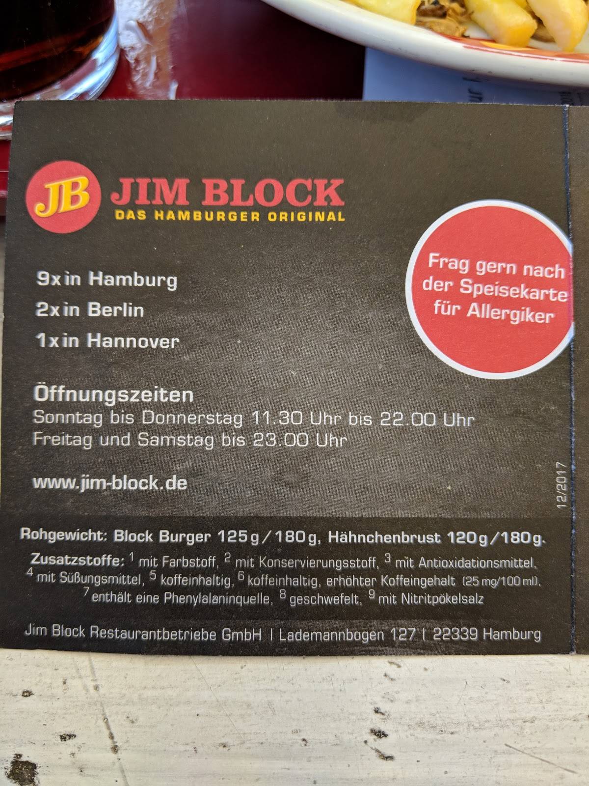 Speisekarte von Jim Block fast Food, Hannover, Georgstraße