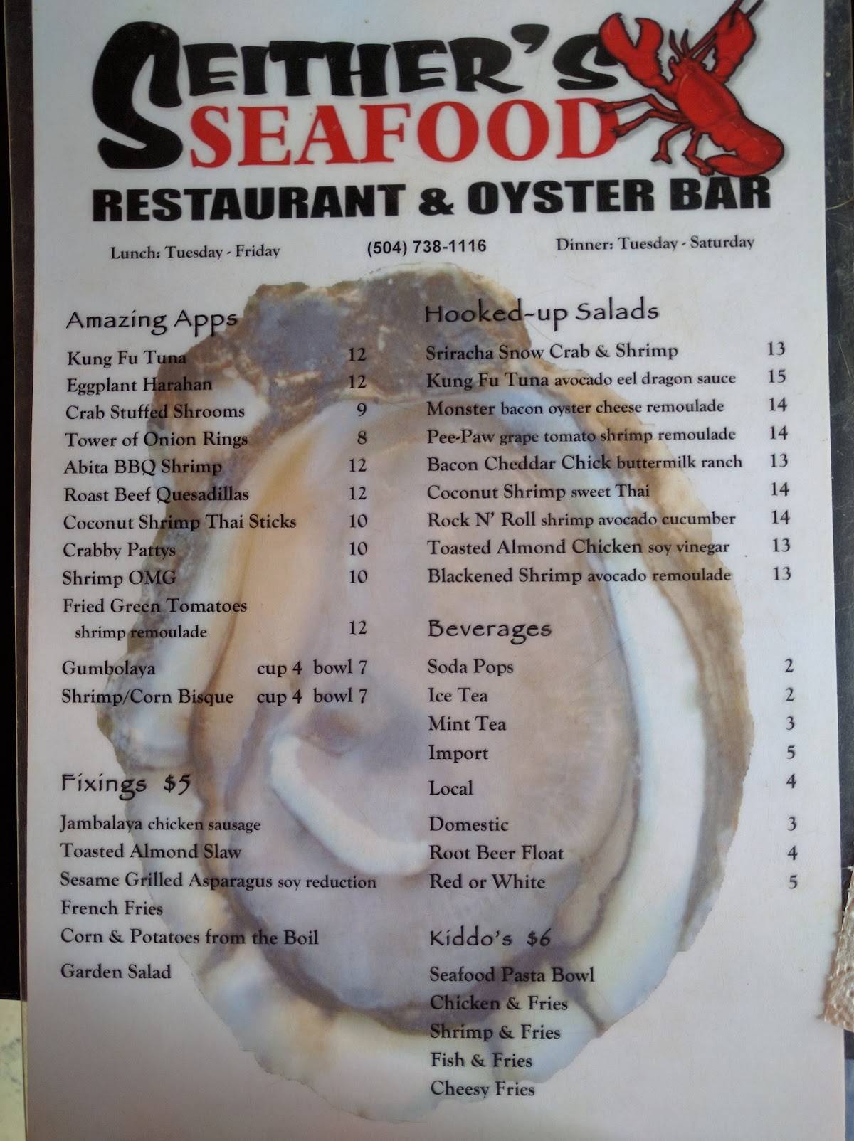 Menu at Seithers Seafood restaurant, Harahan