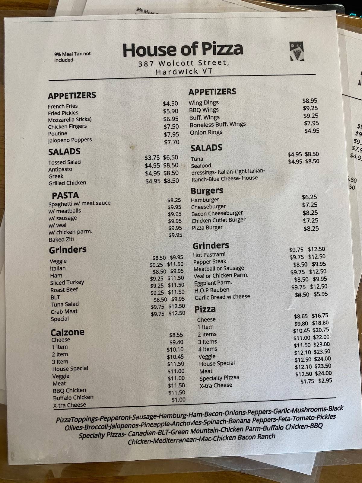 Menu at Hardwick House of Pizza pizzeria, Hardwick