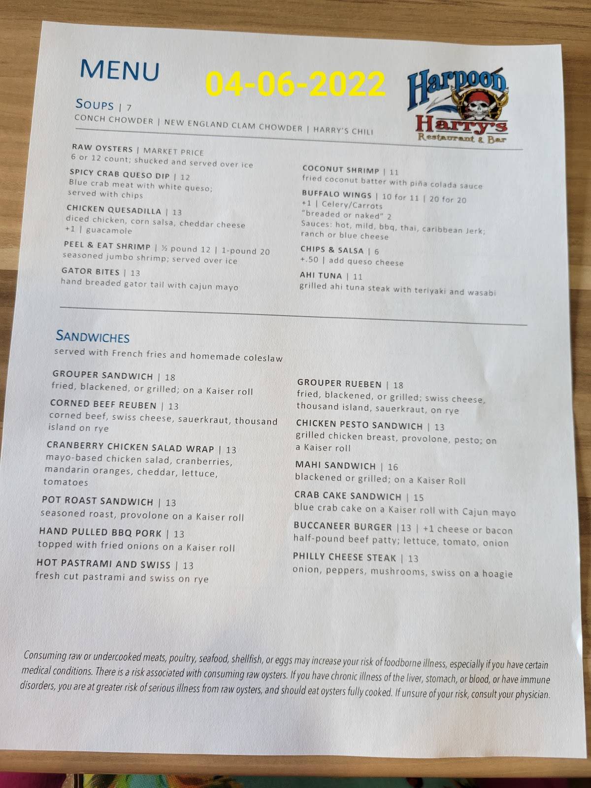 Menu at Harpoon Harry's restaurant, Punta Gorda, 1200 W Retta Esplanade