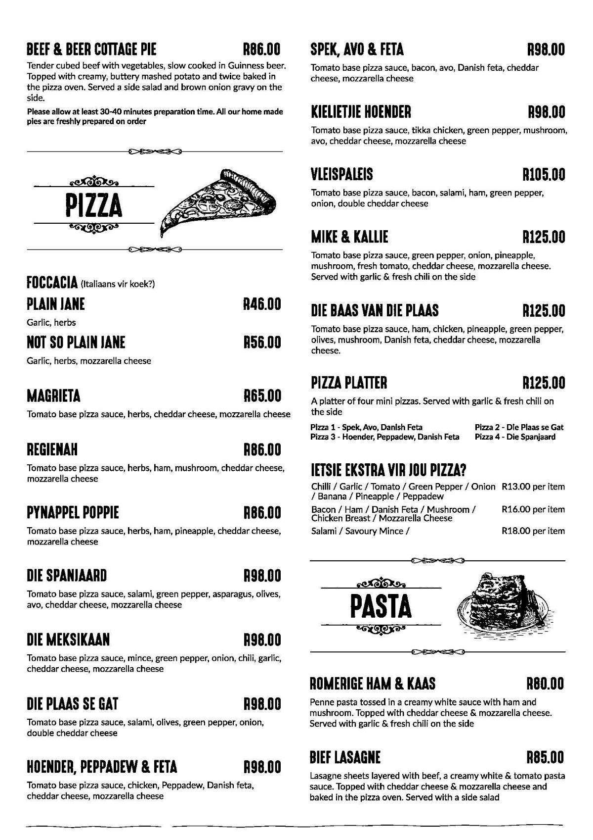 Menu at Die Plaas se Gat Restaurant, Hartbeespoort, Road 4048 R560 ...