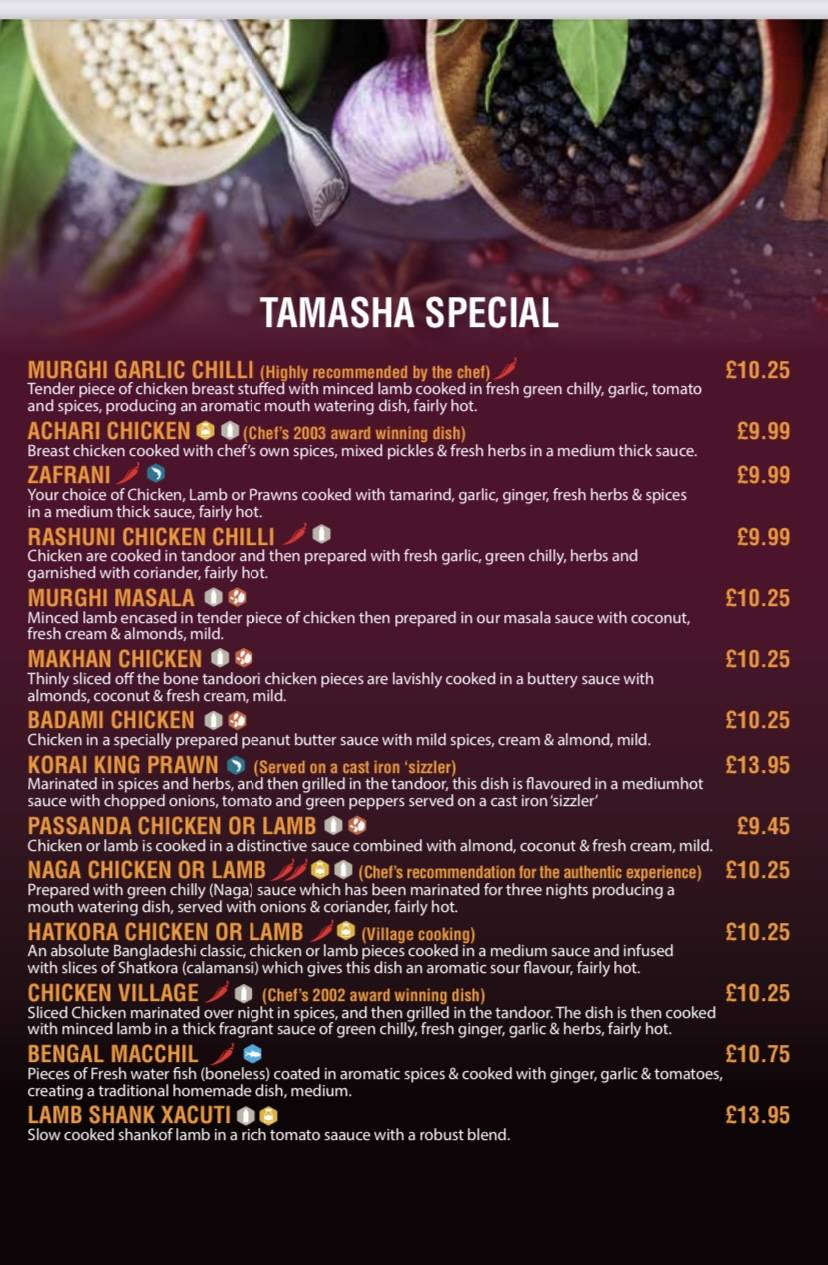 Menu at Tamasha Lindfield restaurant, Lindfield