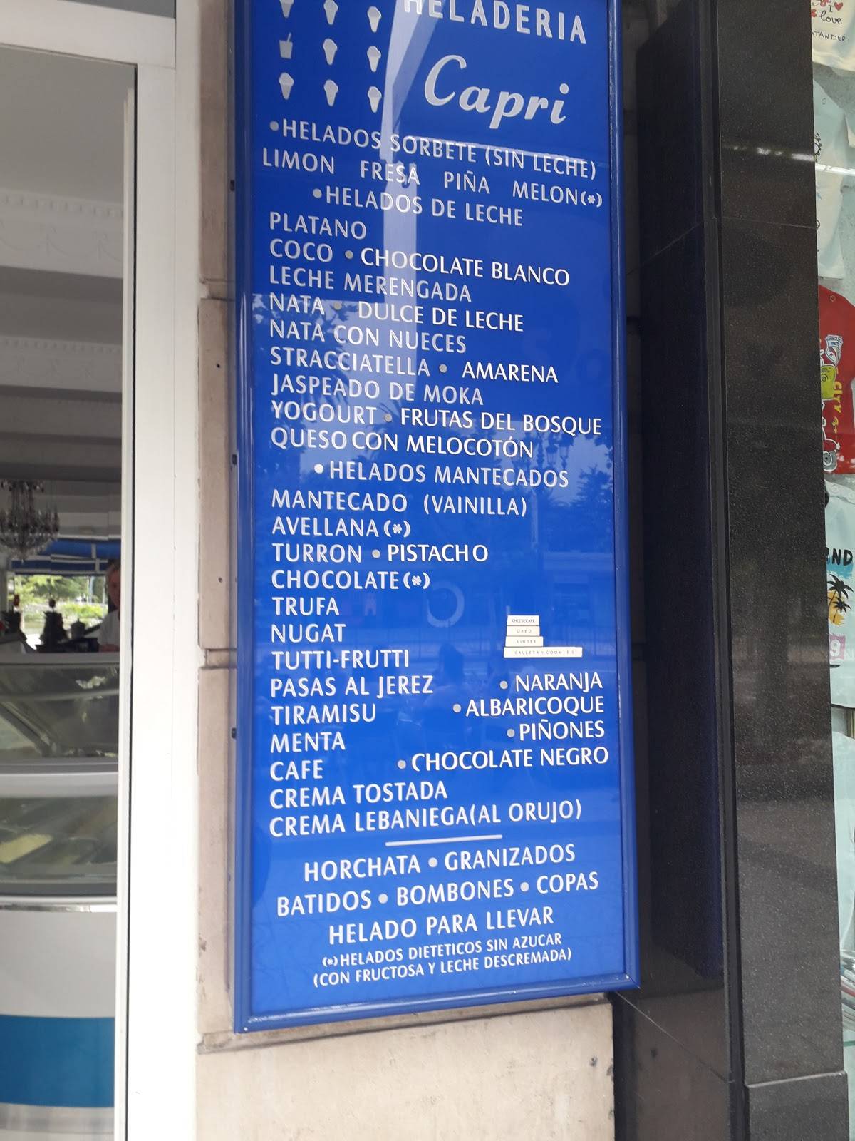 Menu at Heladería Capri restaurant, Santander
