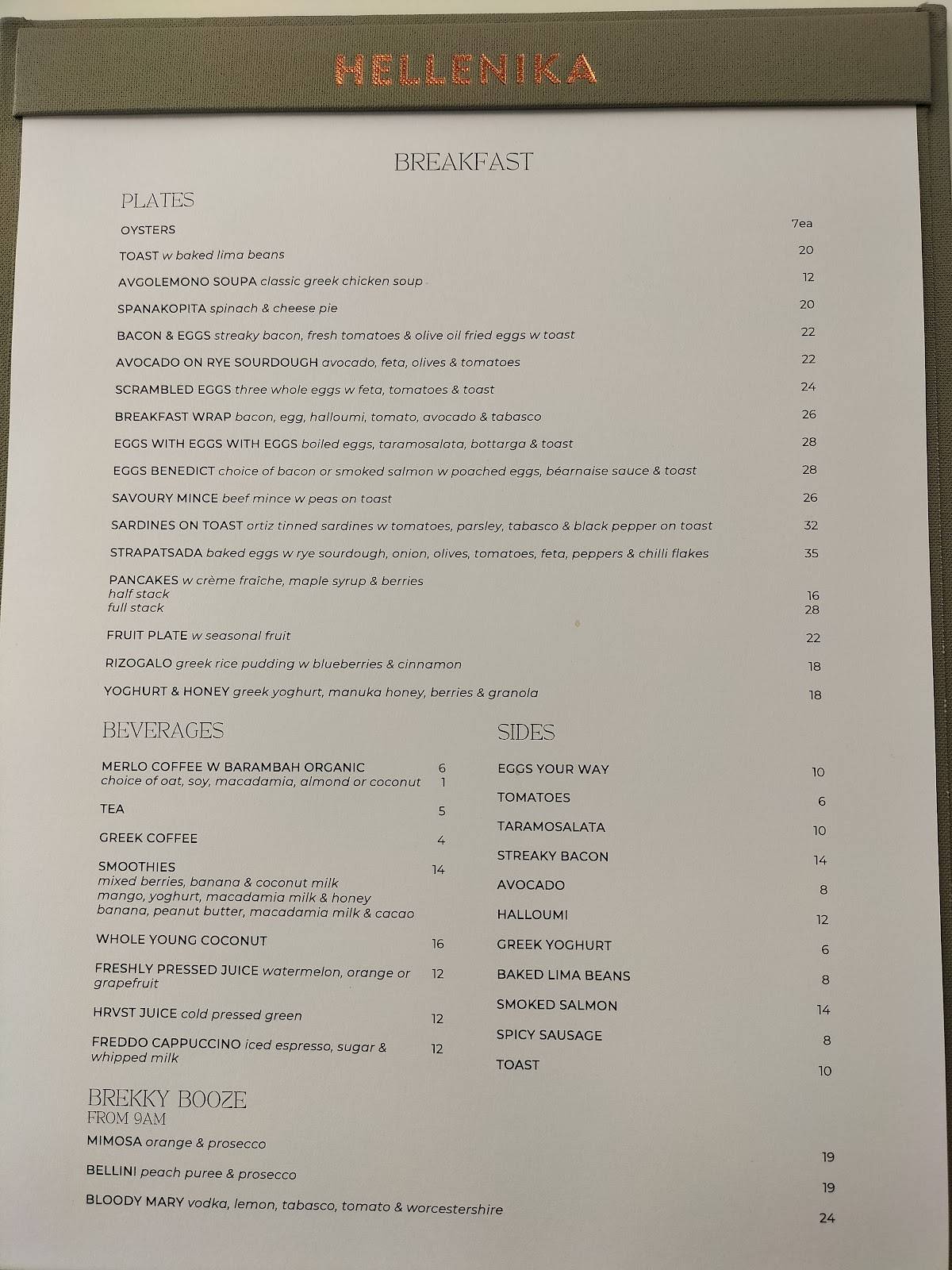 Menu at Hellenika at The Calile restaurant, Fortitude Valley