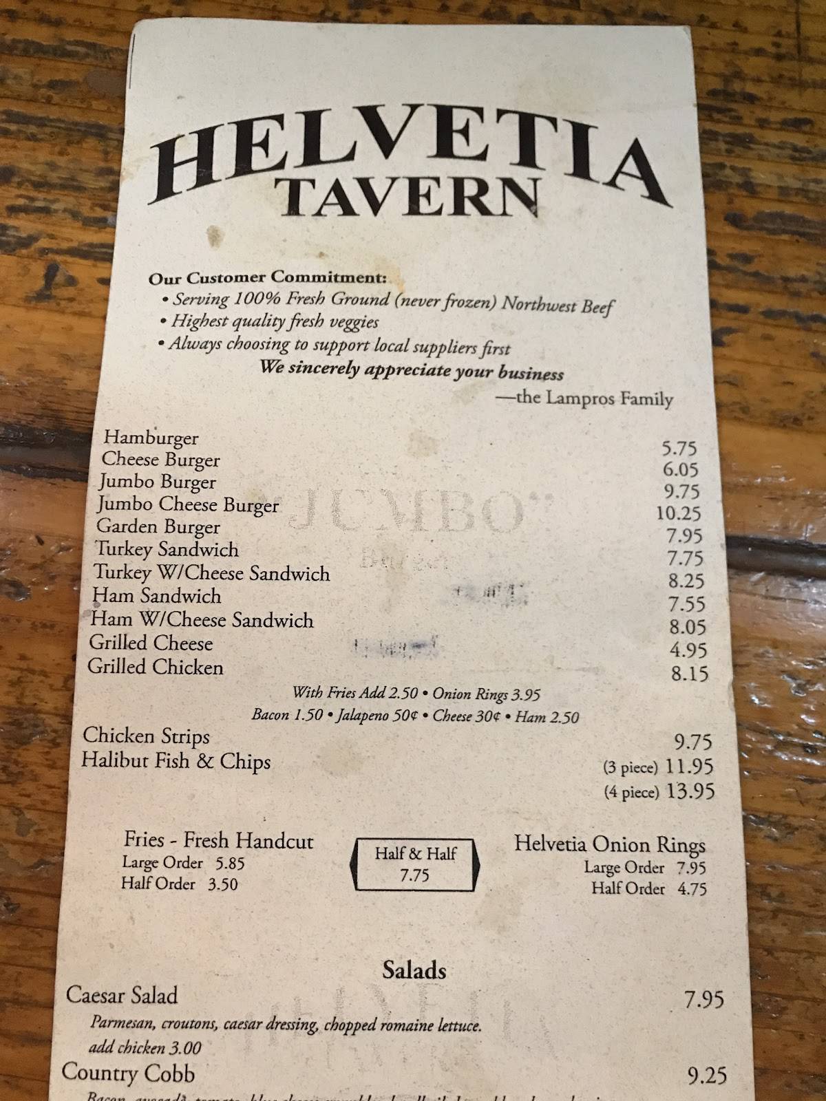 Menu at Helvetia Tavern pub & bar, Hillsboro, NW Helvetia Rd