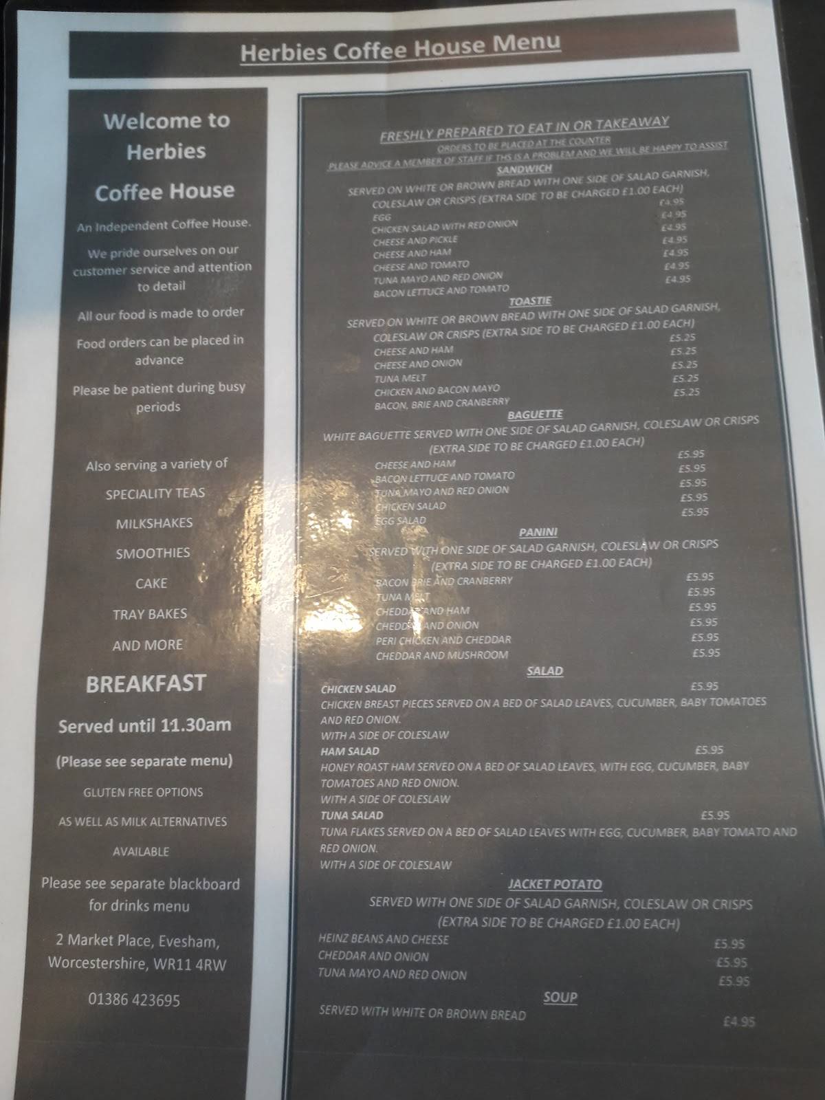 Menu at Herbies Coffee House, Evesham, 2 Market Pl